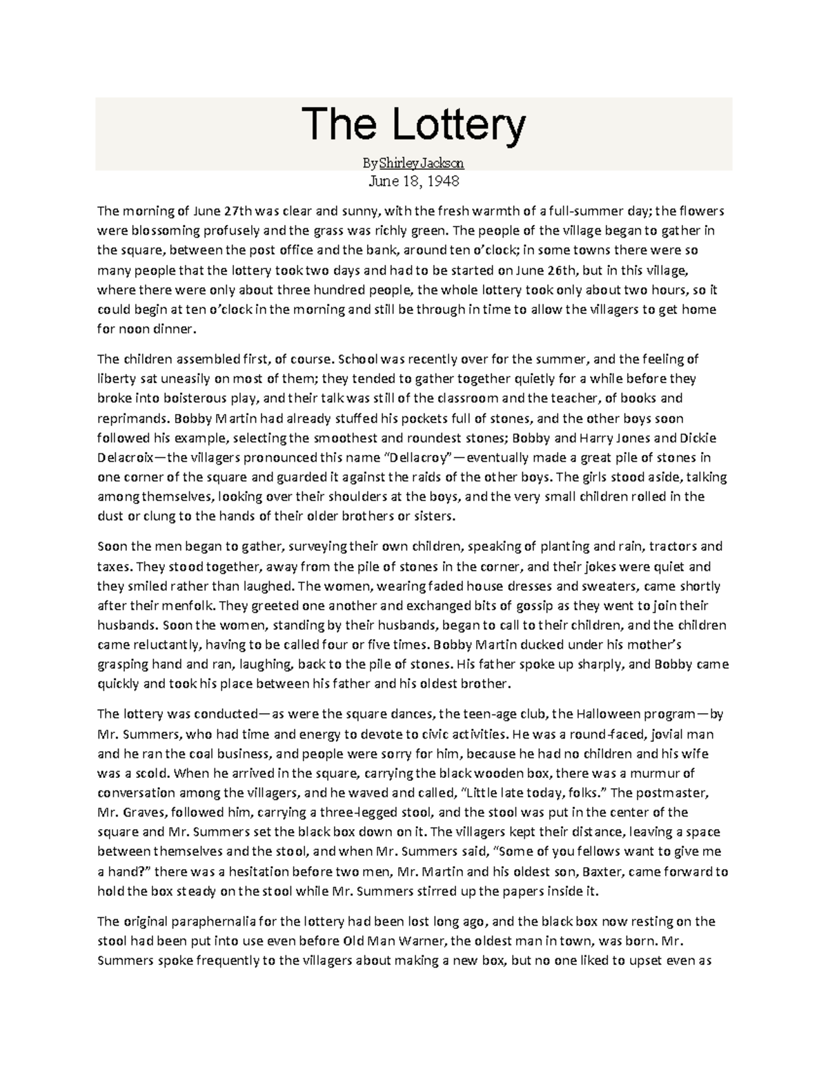 5a - The Lottery by Shirley Jackson: Analysis and Discussion - Studocu