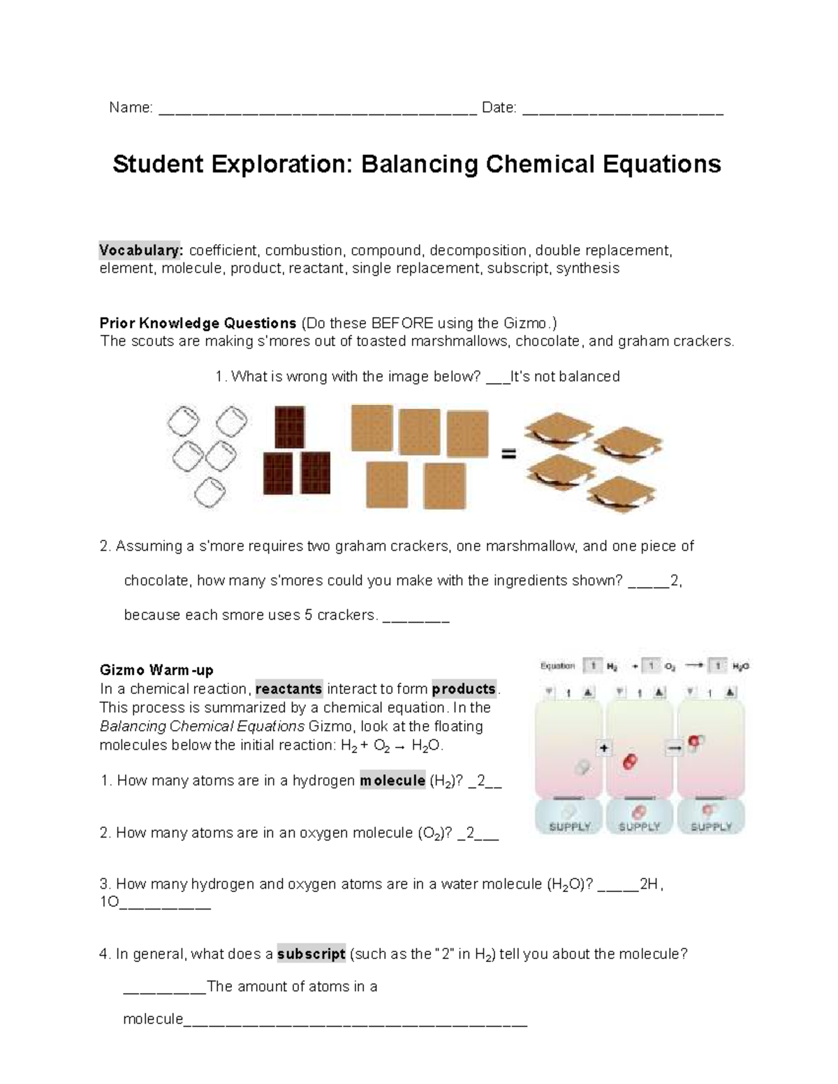 Student Exploration: Balancing Chemical Equations (Chem 101) - Studocu