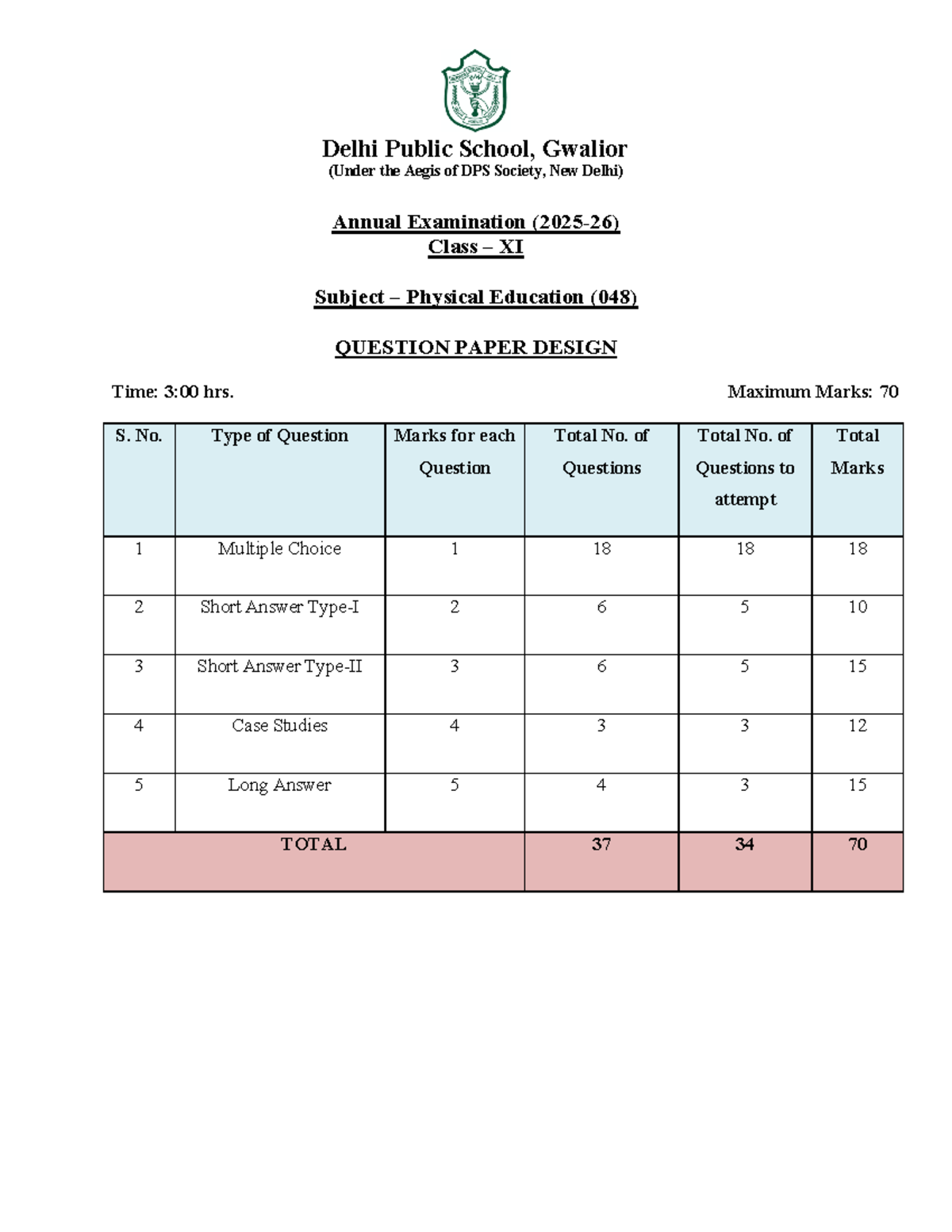 Physical Education Question Paper Design Annual Exam 2025-26 - Delhi ...