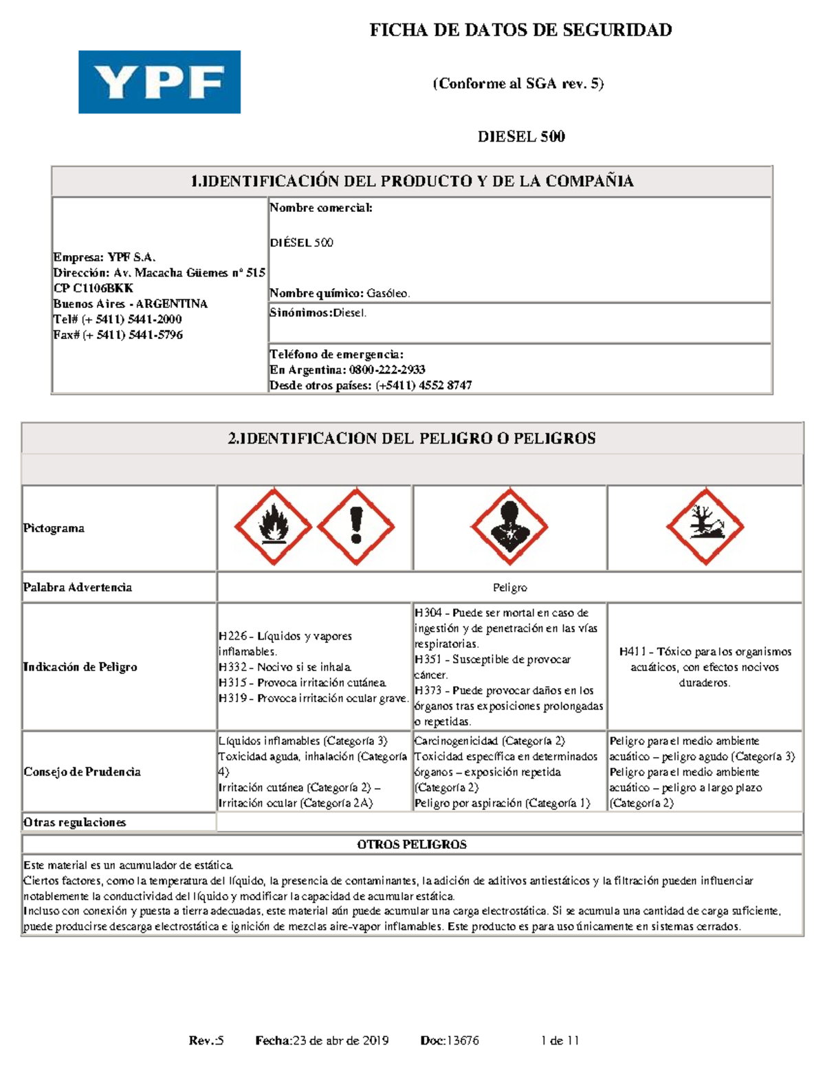 FICHA DE DATOS DE SEGURIDAD: DIESEL 500 y PELIGROS (SGA Rev. 5) - Studocu