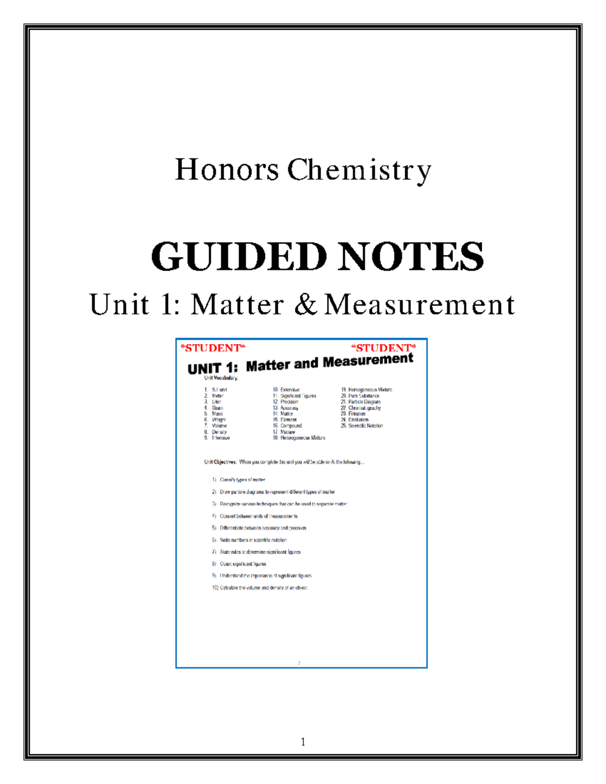 Guided Notes: Honors Chemistry Unit 1 - Matter & Measurement - Studocu