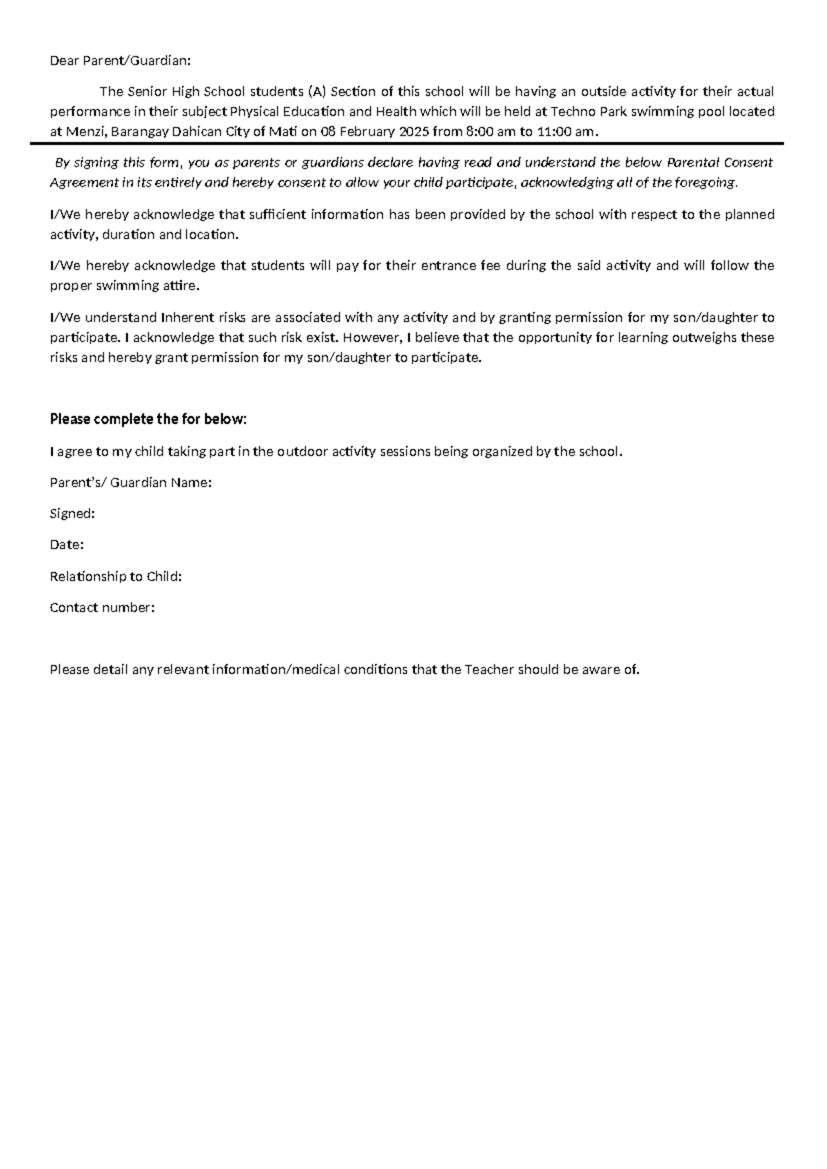 Consent - Dear Parent/Guardian: The Senior High School students (A ...