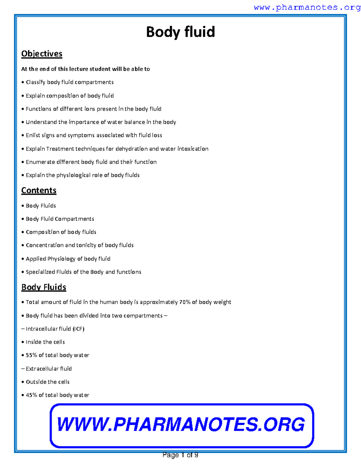 Body Fluid - 1st Sem Anatomy & Physiology Lecture Notes - Studocu