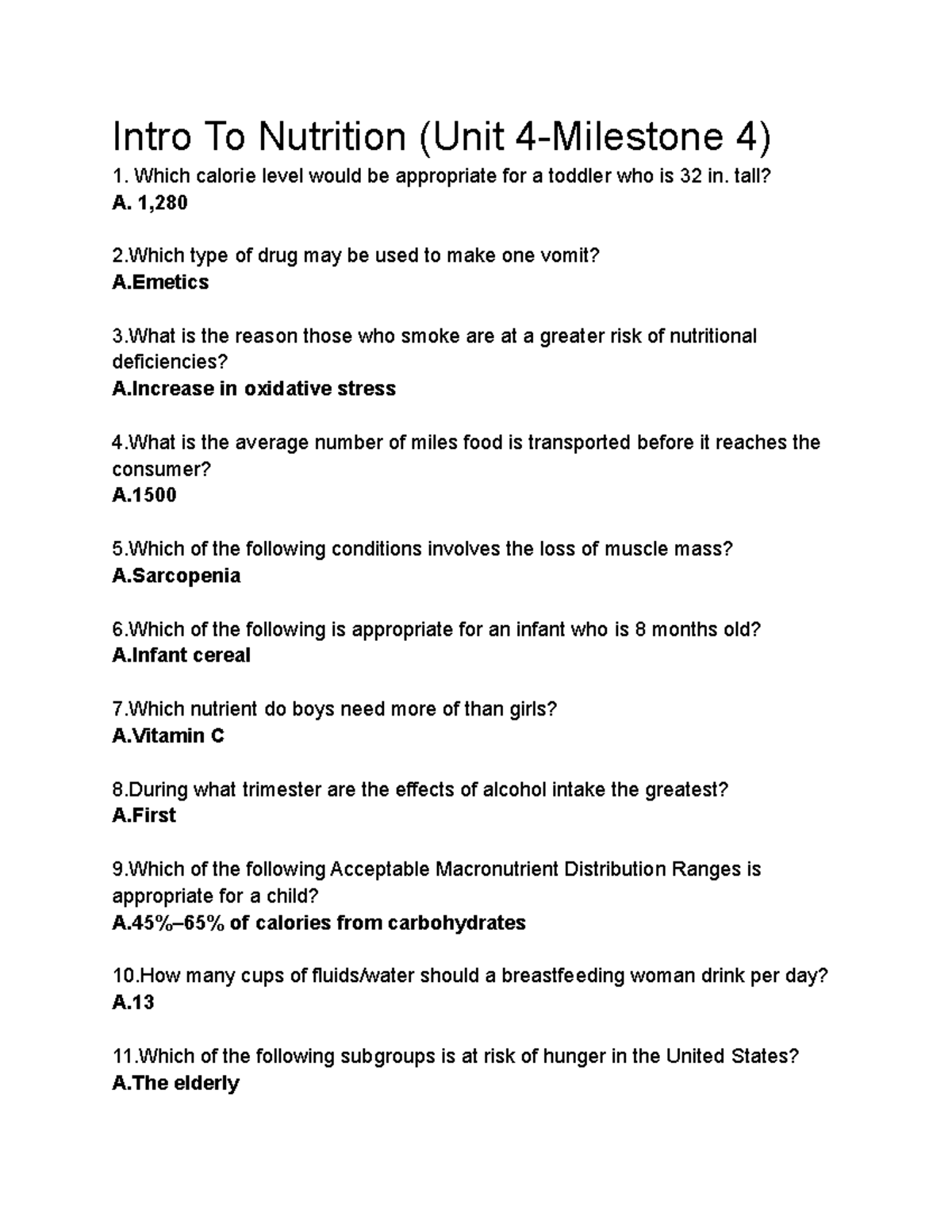 Unit 4 - Nutrition Milestone 4 Study Guide & Quiz Questions - Studocu