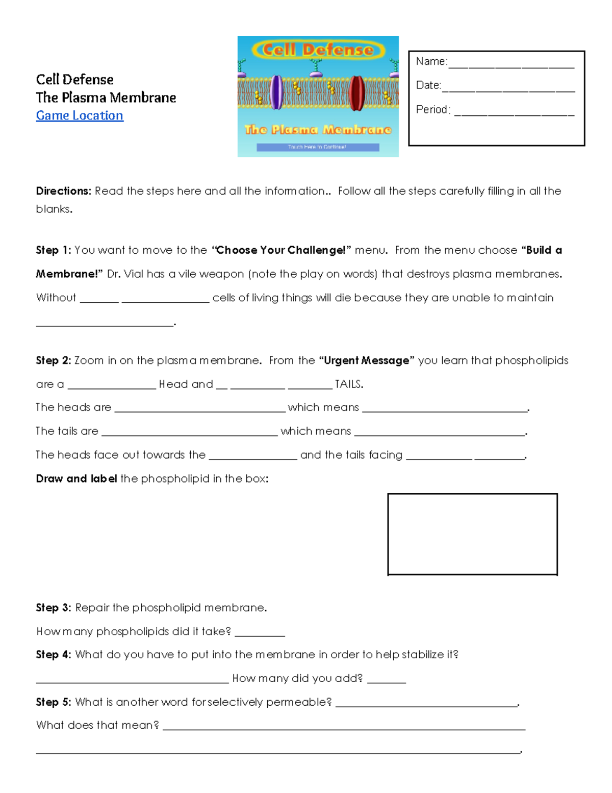 cell defense worksheet - Cell Defense The Plasma Membrane Game Location ...