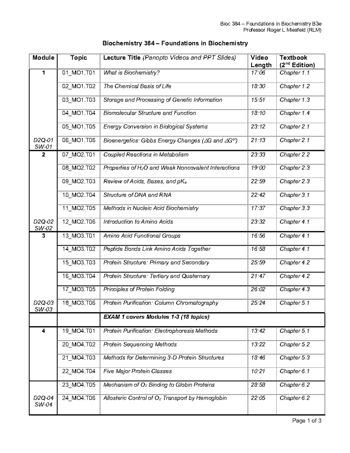 Bioc 384 Lecture Topics Overview: Foundations in Biochemistry - Studocu