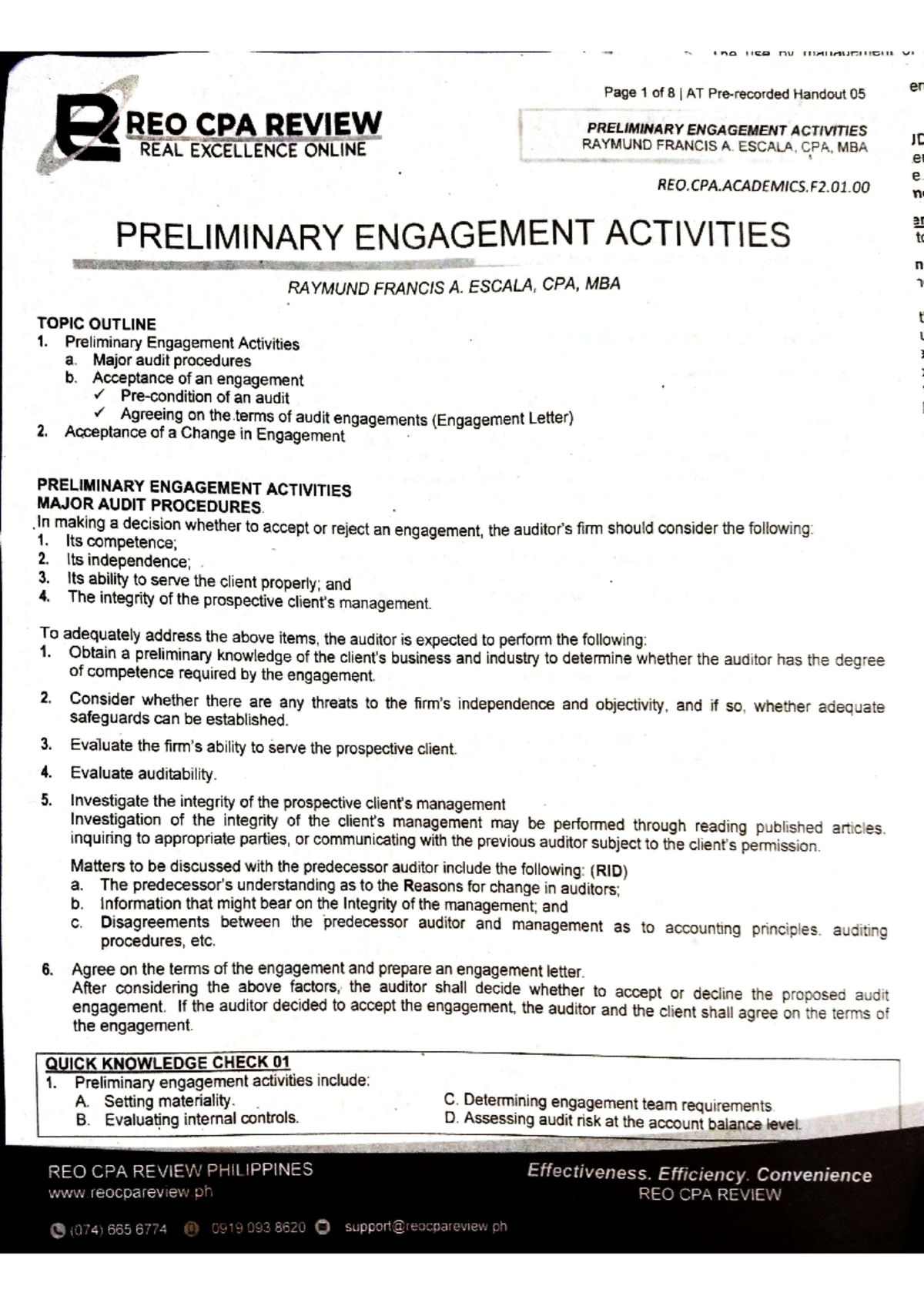 Preliminary Engagement Activities - Page 1 of 8 I AT Handout 05 en REO CPA REVIEW PRELIMINARY ...