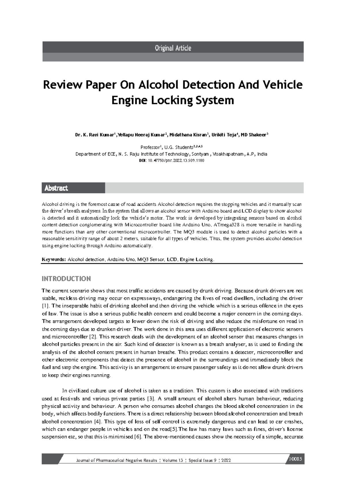 Alcohol Detection and Engine Locking System Using Arduino (ECE) - Studocu
