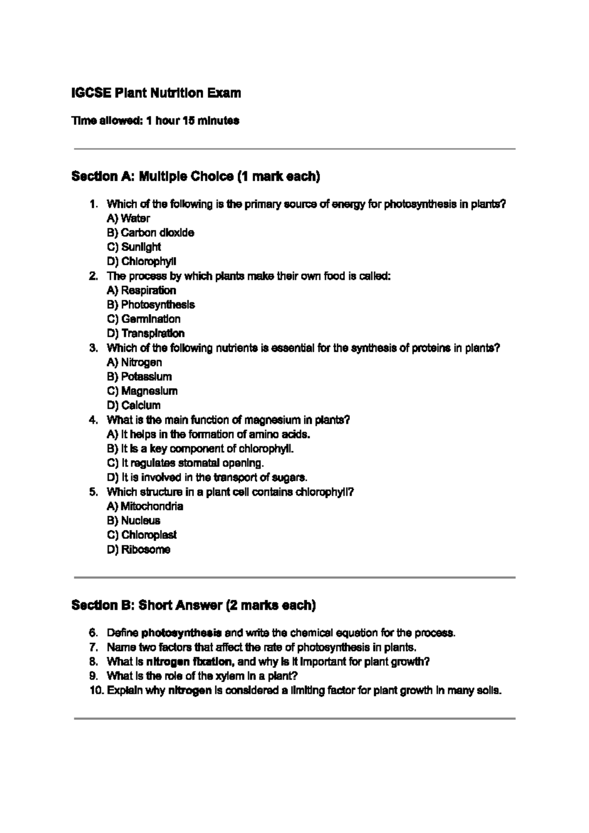IGCSE Biology Plant Nutrition Exam Review Notes - Studocu