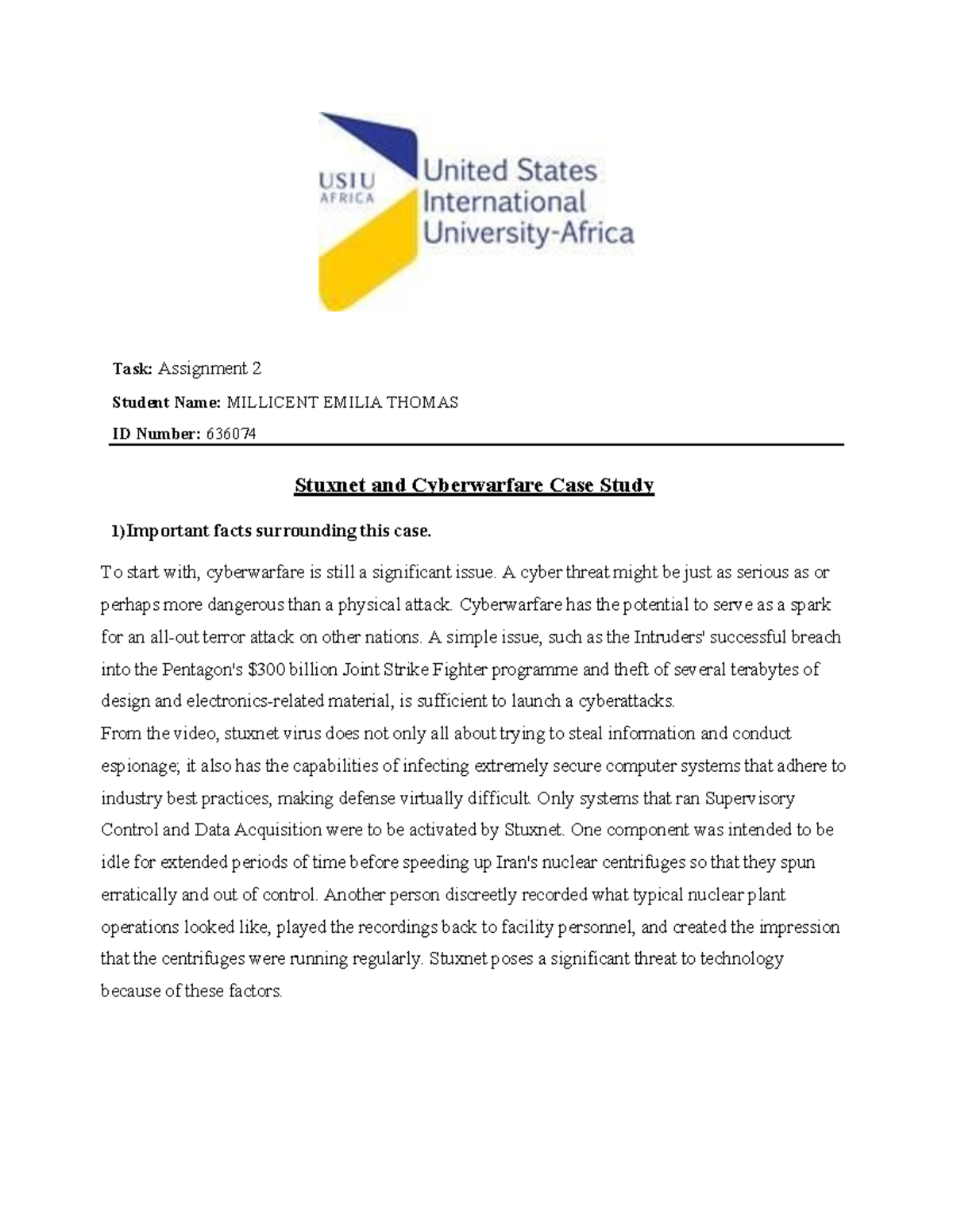 Stuxnet And Cyberwarfare Case Study Task Assignment 2 Student Name