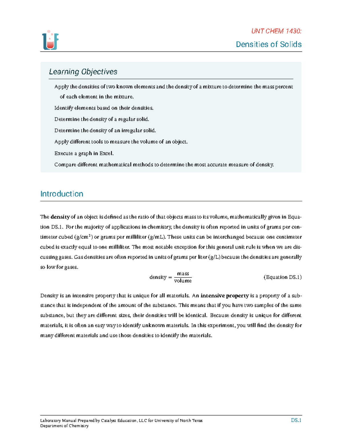UNT CHEM 1430: Laboratory Manual on Densities of Solids - Studocu