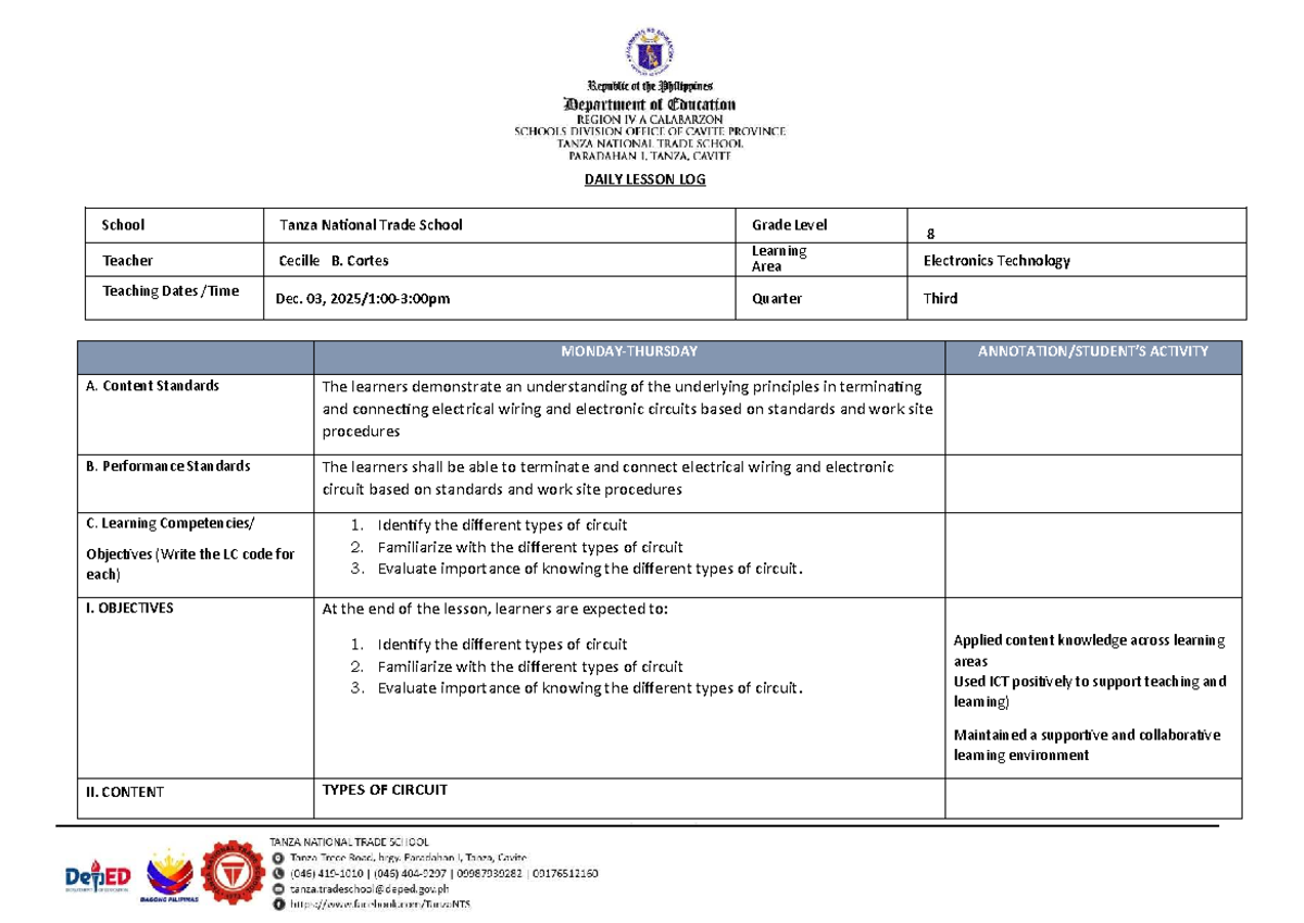 DAILY LESSON LOG: Electronics Technology (Grade 8) - Week 4 - Studocu