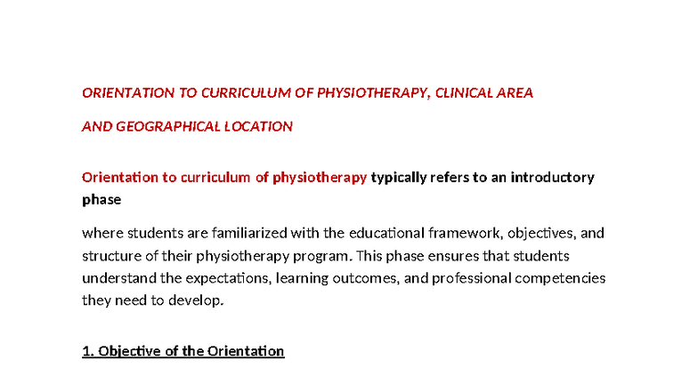 PHYSIOTHERAPY CURRICULUM ORIENTATION: CLINICAL & GEOGRAPHICAL ASPECTS ...