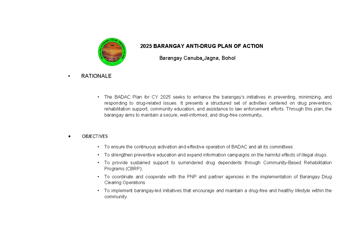 2025 BADAC Plan of Action for Barangay Canuba, Jagna, Bohol - Studocu