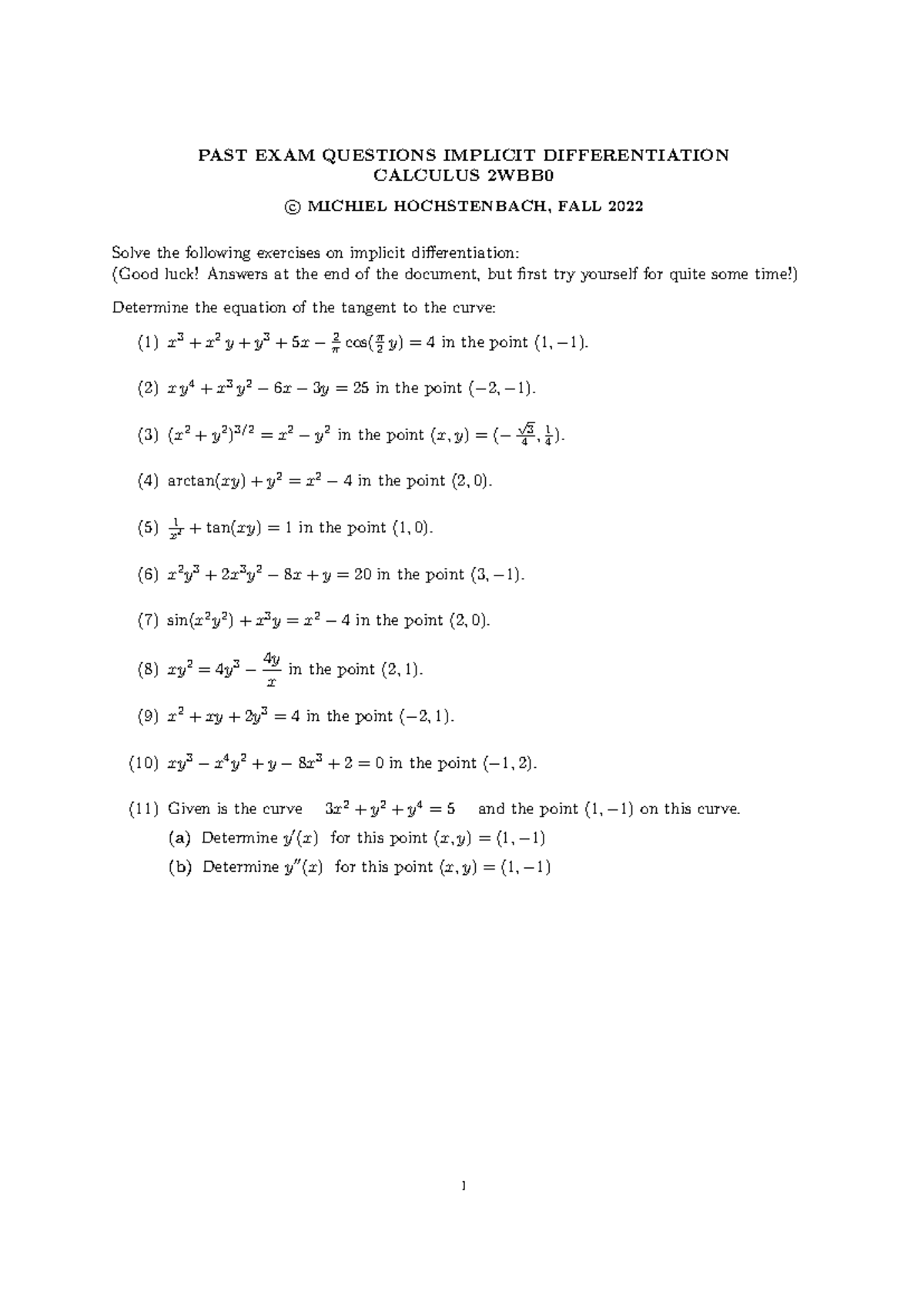 Past Exam Questions on Implicit Differentiation (Calculus 2WBB ...