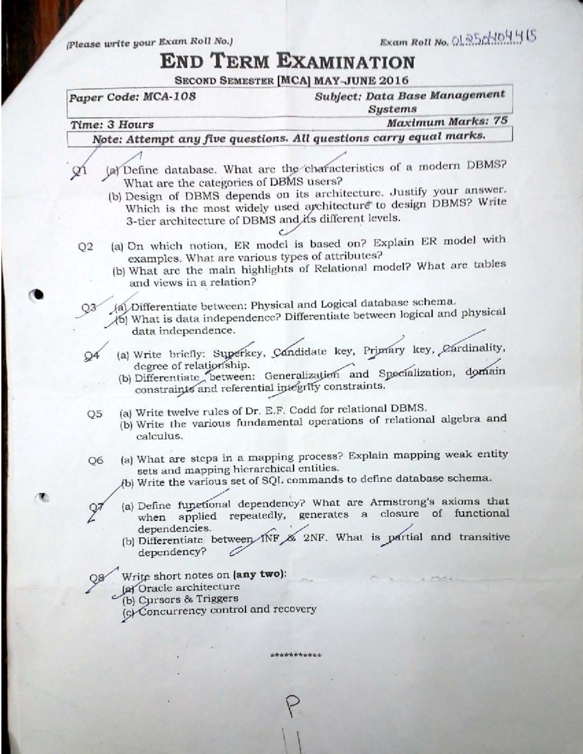 DBMS 2016 End Term Exam Notes - Key Concepts & Questions - Studocu