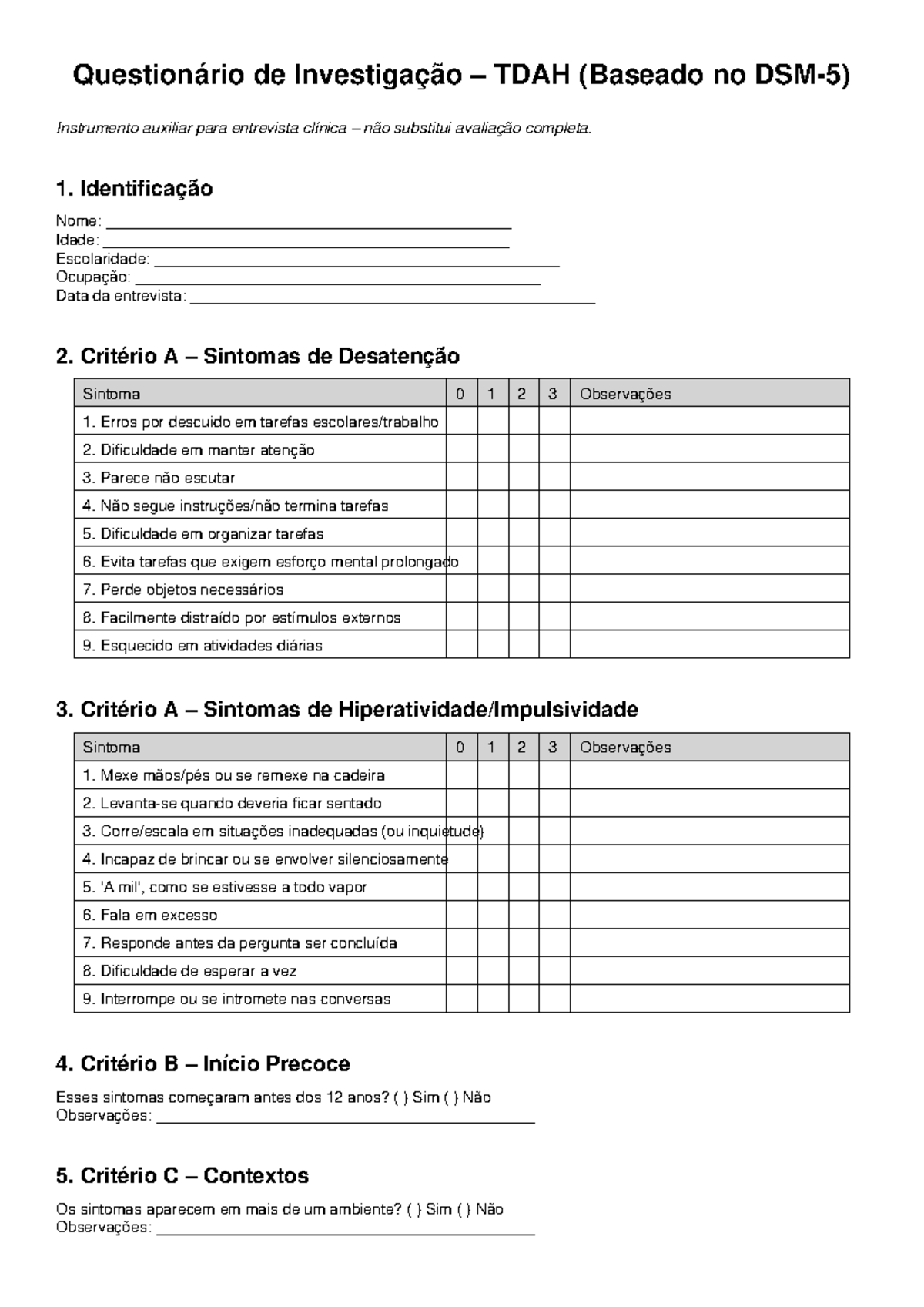 Questionário de Investigação TDAH - DSM-5 - Studocu