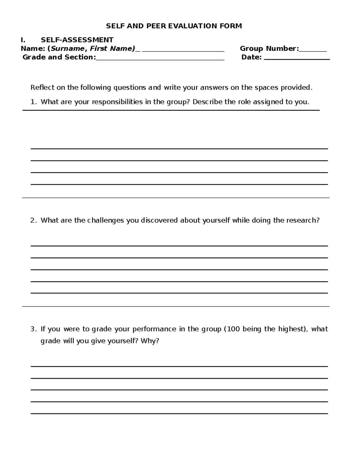 Self and Peer Evaluation Form - SELF AND PEER EVALUATION FORM I. SELF ...