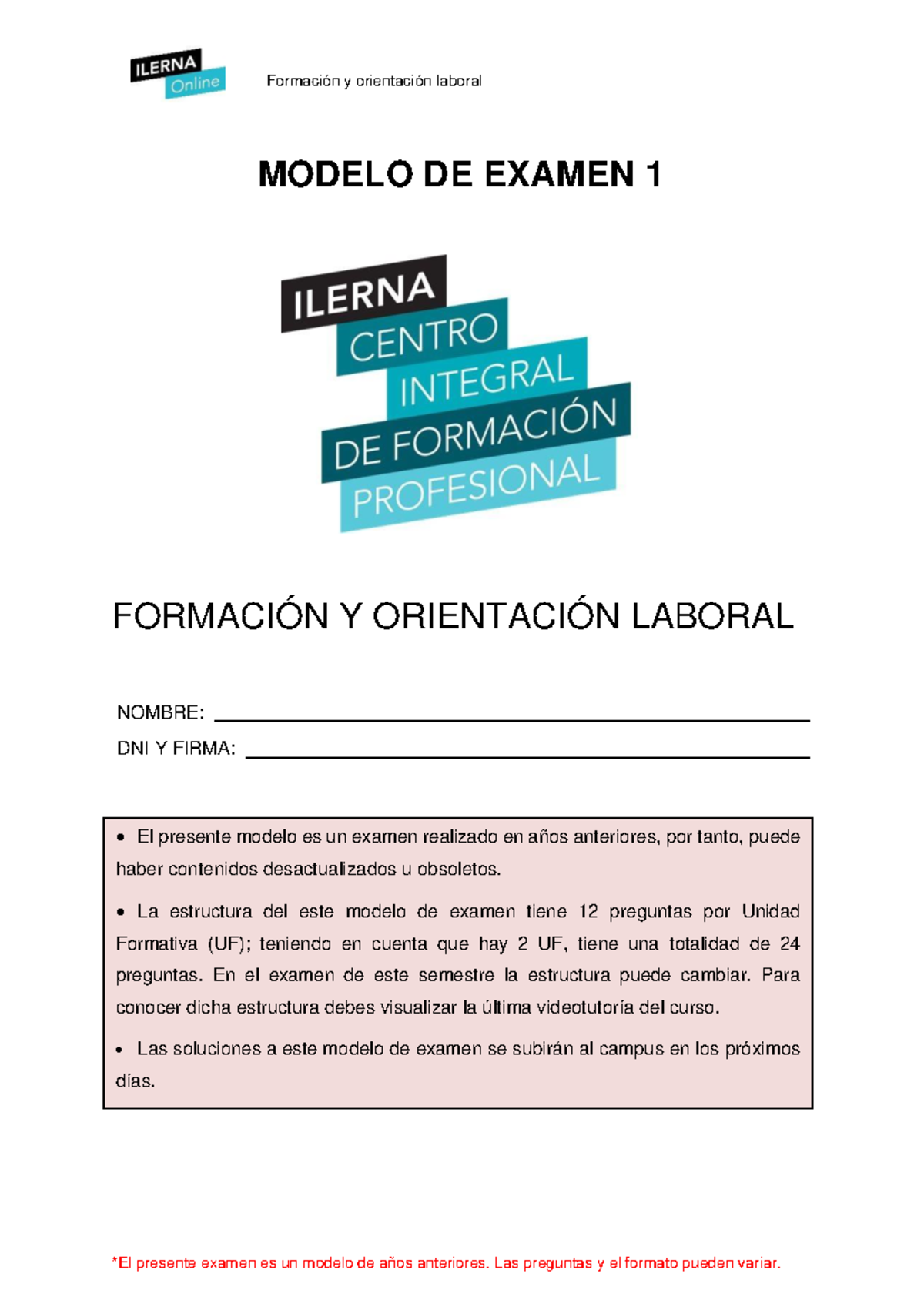 Modelo de Examen 1 (Solución) - Formación y Orientación Laboral - Studocu