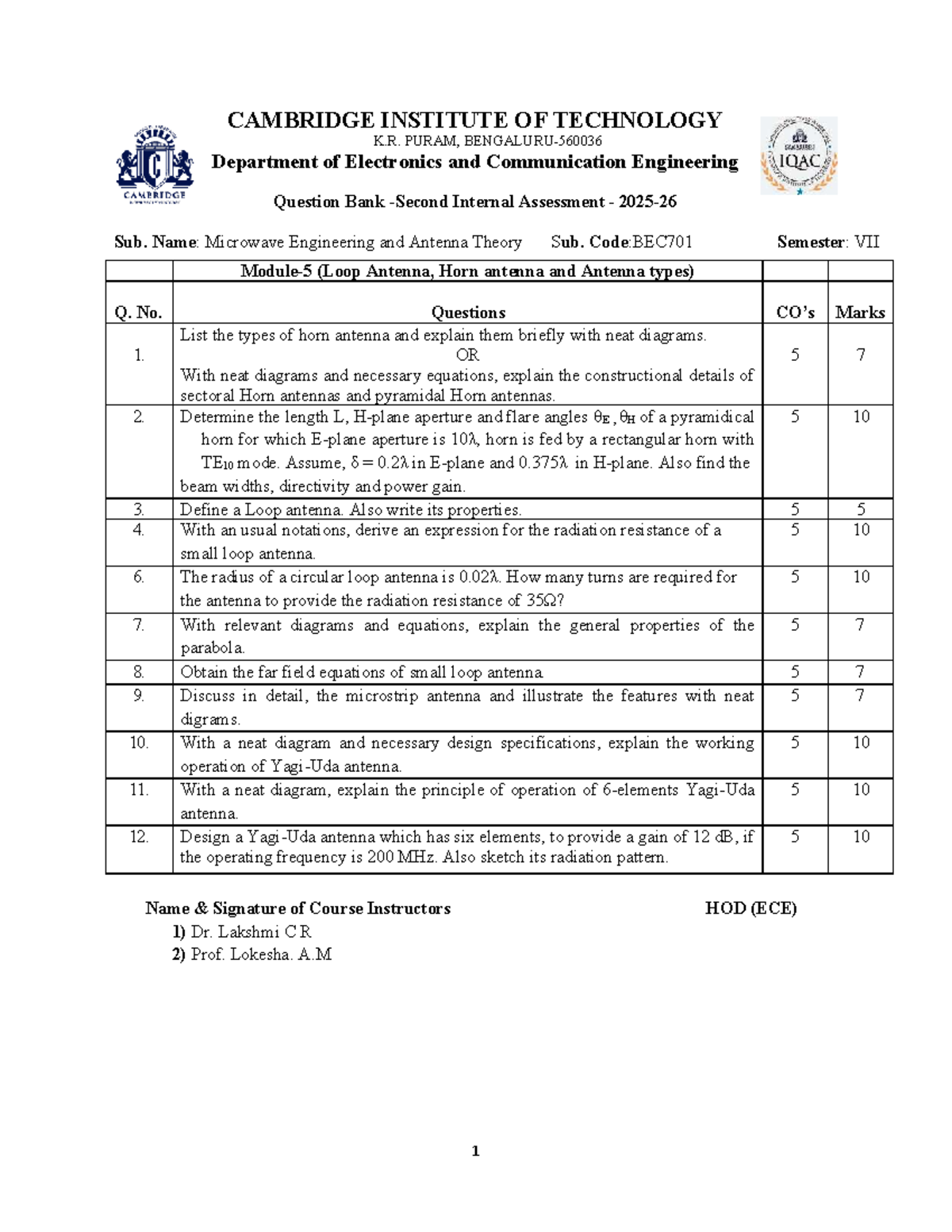 BEC701 Microwave Engineering & Antenna Theory Question Bank - Studocu
