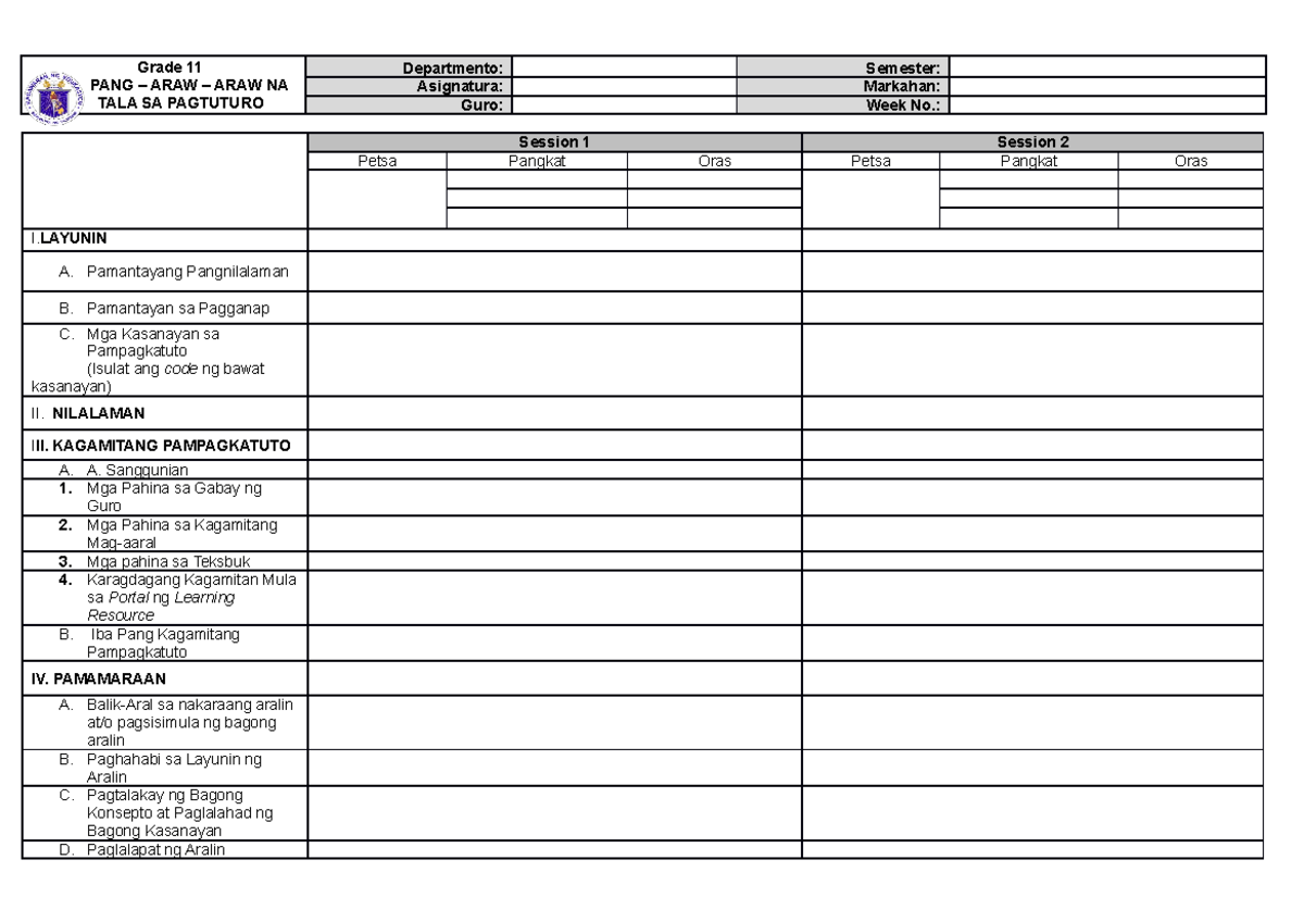 SHS-DLL Template: Weekly Lesson Plan for Filipino (Grade 11) - Studocu