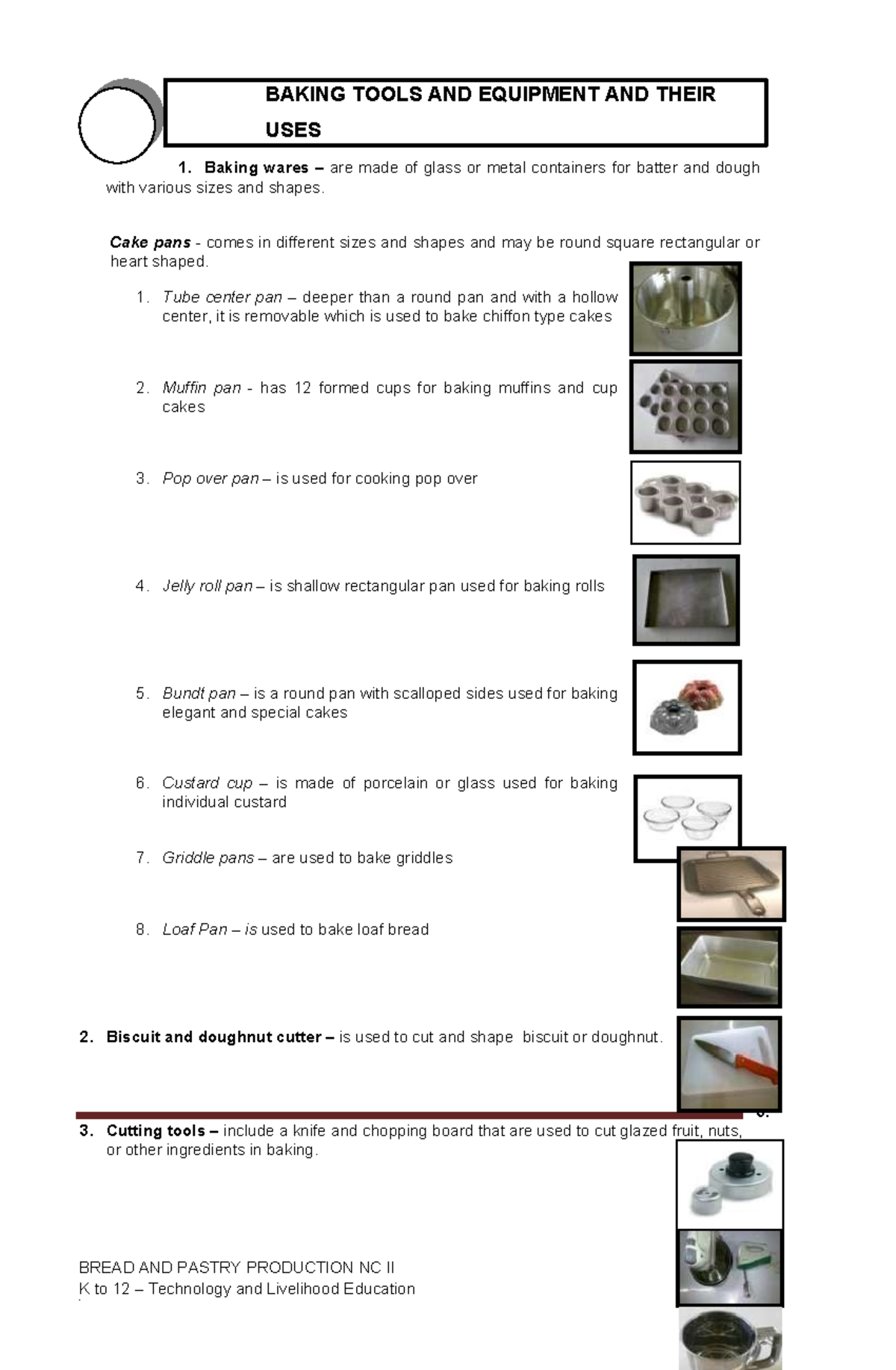 Baking Tools & Equipment Uses - BREAD AND PASTRY PROD NC II - Studocu