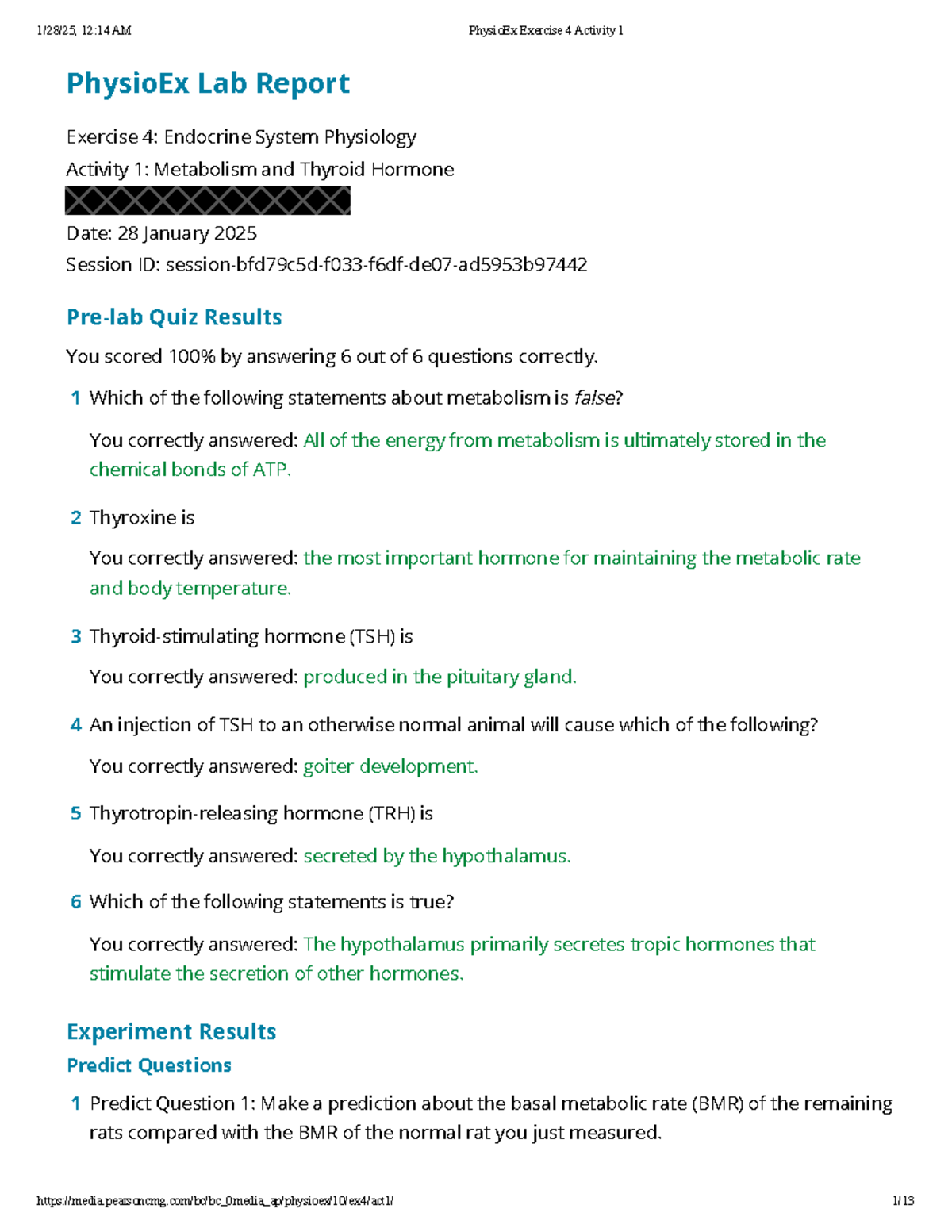 PhysioEx Exercise 4: Endocrine System & Metabolism Activity 1 Report ...