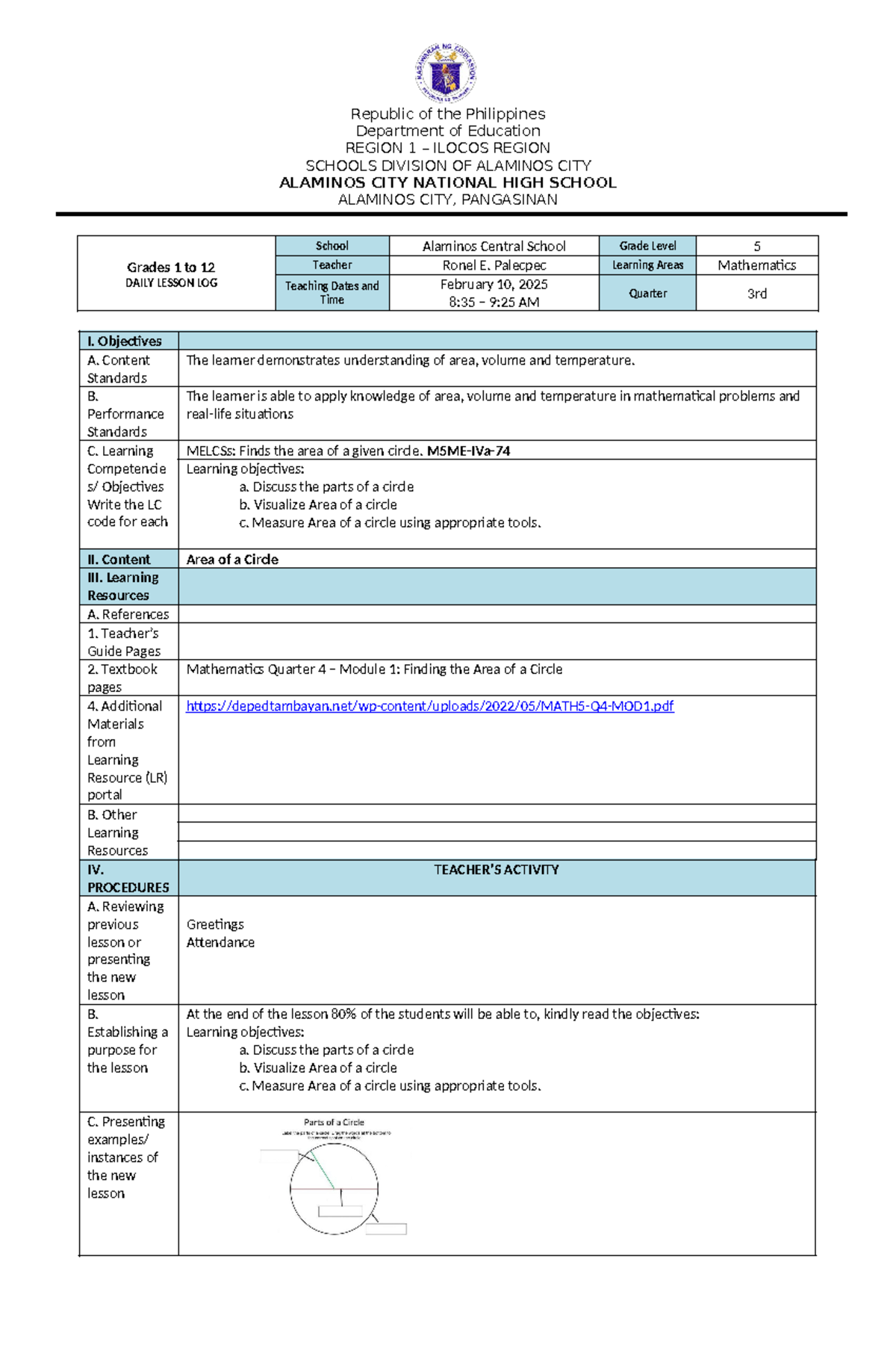 DLP Math 5 - Daily Lesson Log on Area of a Circle - Feb 10, 2025 - Studocu