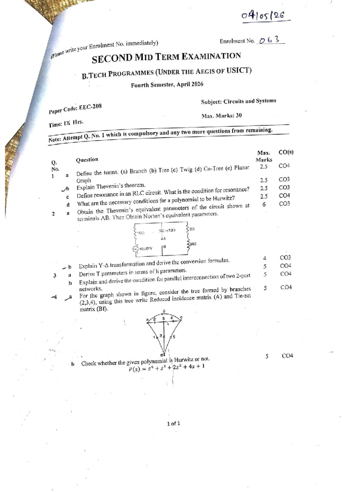 Midterm Exam 3.TECH - Circuits and Systems (Paper Code: 063) - Studocu