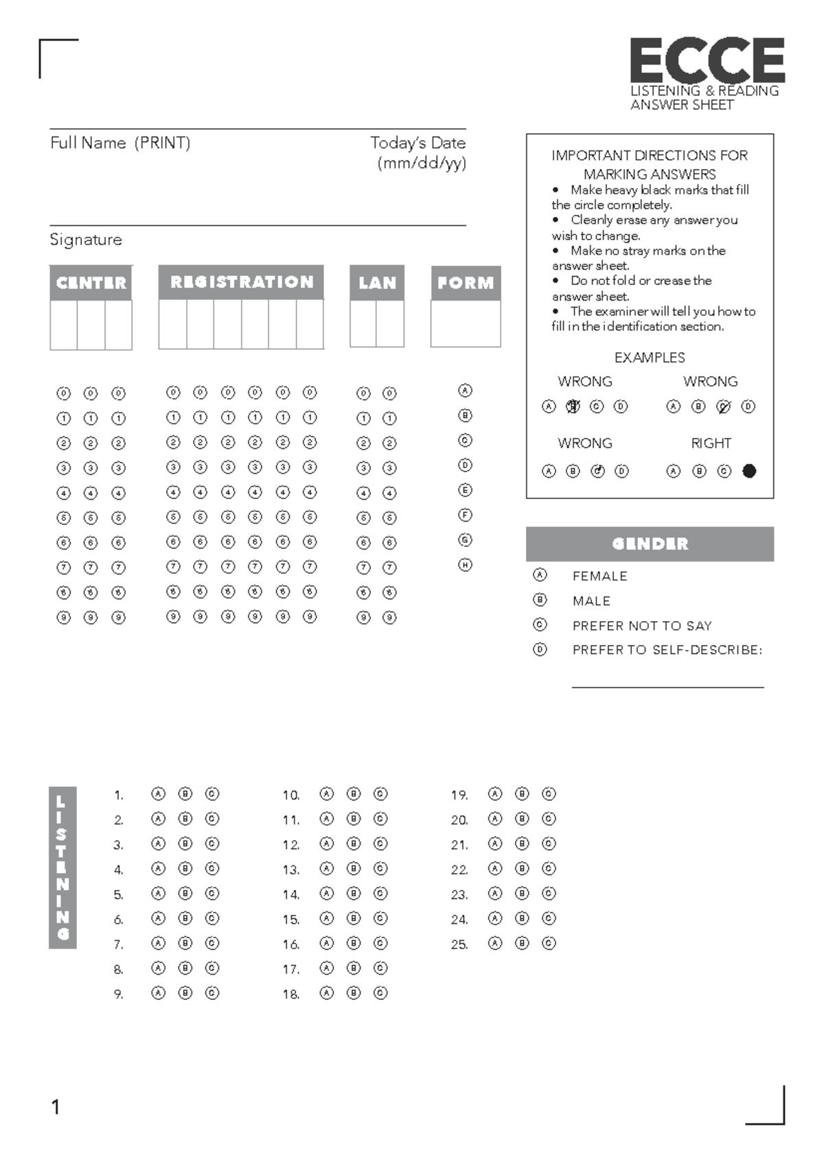 ECCE Listening Reading Answer Sheet Instructions - Studocu