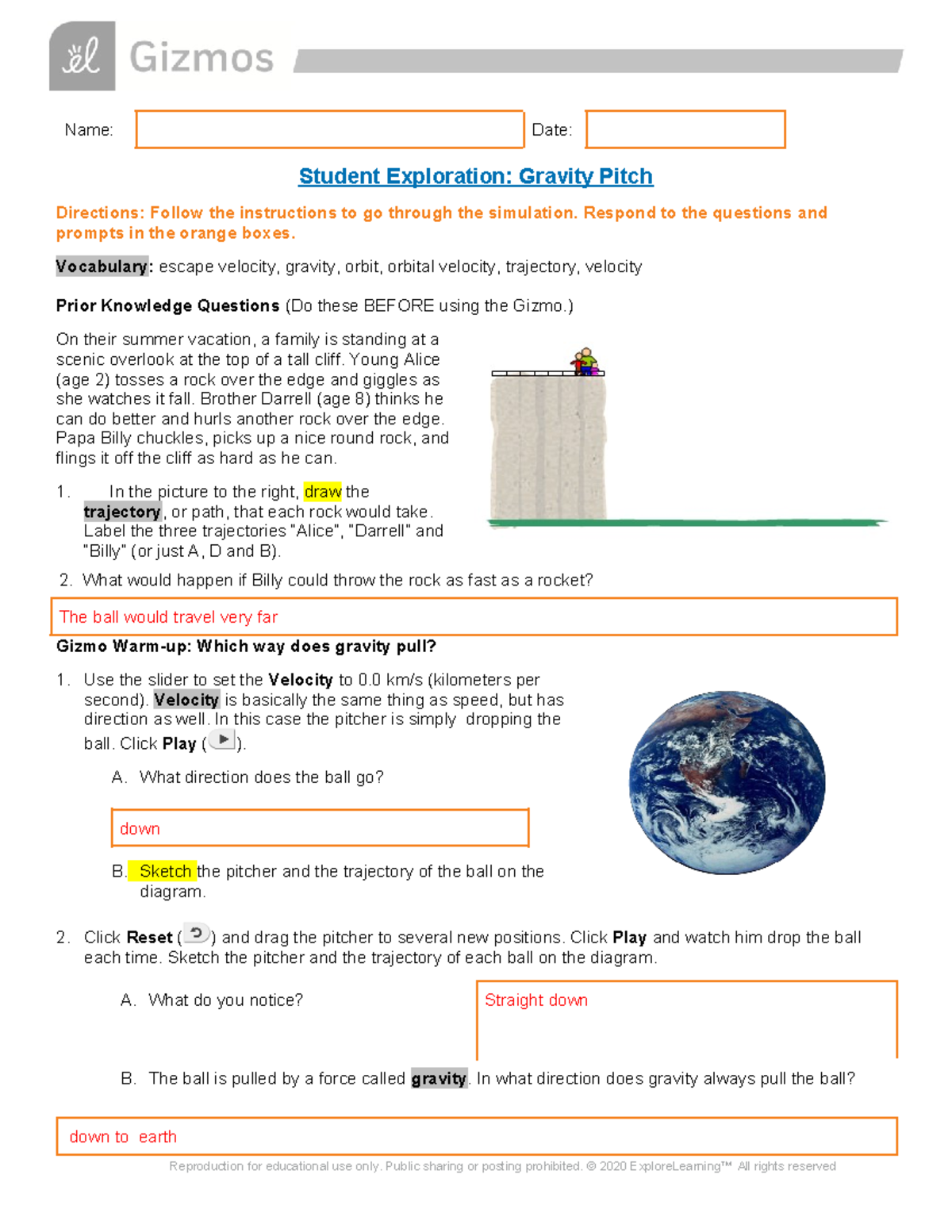 Student Exploration: Gravity Pitch Lab Activity Guide - Studocu