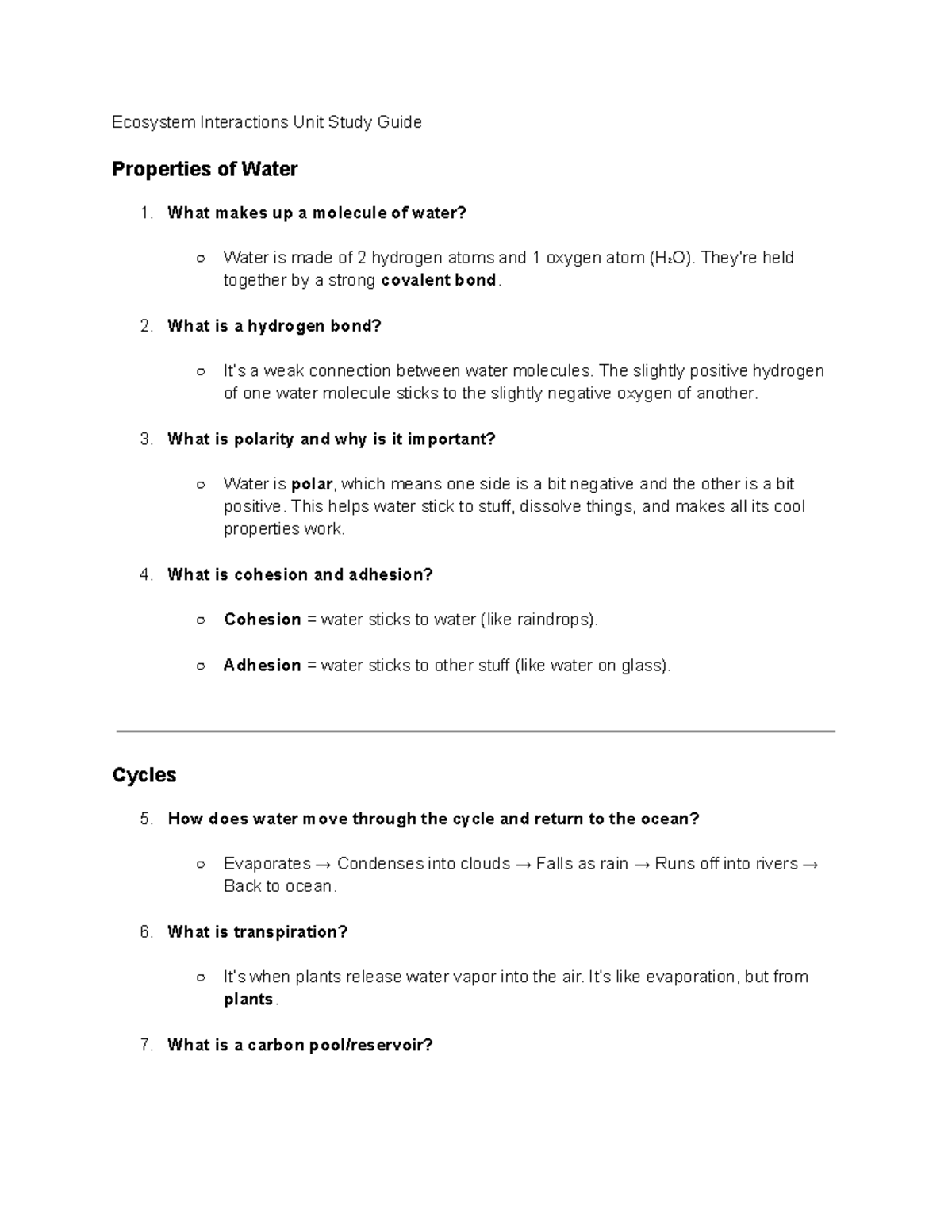 Ecosystem Interactions Unit Study Guide: Properties of Water and More ...