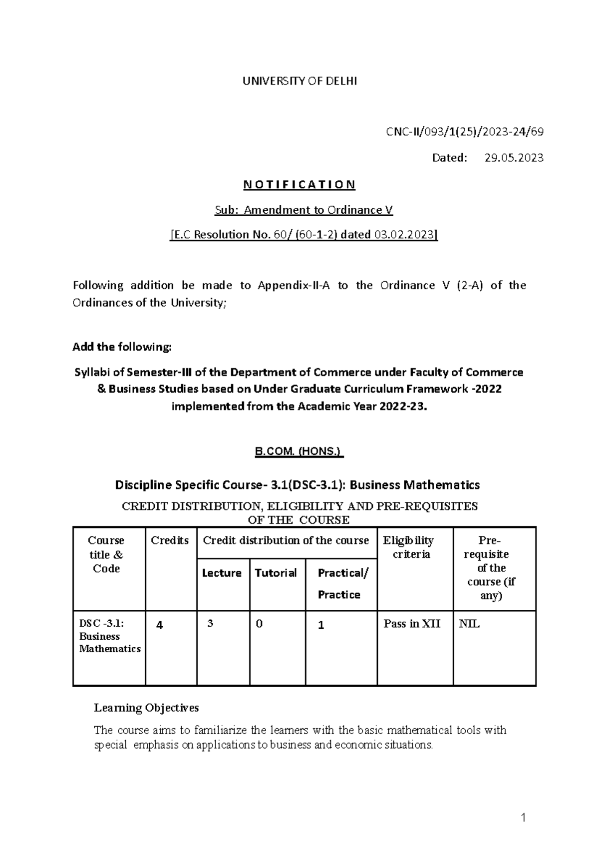 B.COM (HONS) Business Mathematics Syllabus - NEP Curriculum 2023 - Studocu