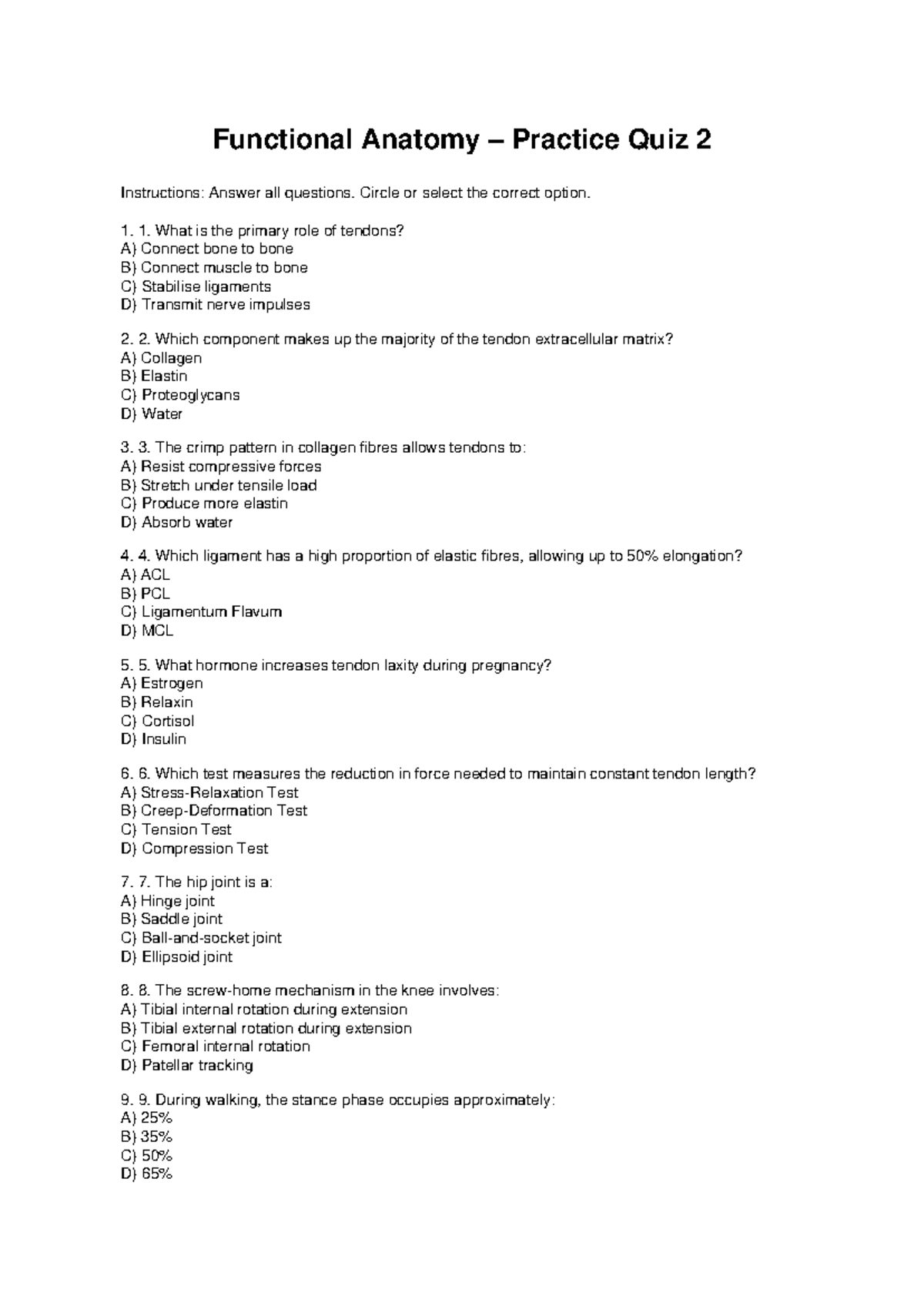 FA 2 Practice Quiz: Functional Anatomy Questions & Answers - Studocu