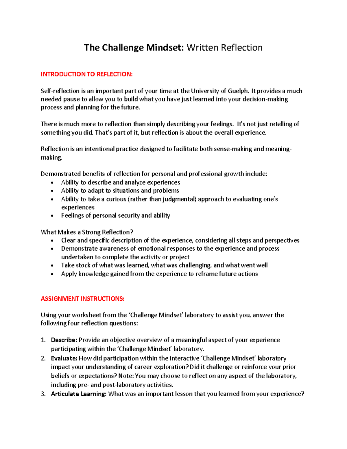 Career Readiness Seminar Homework Part Two: Reflection Assignment - Studocu