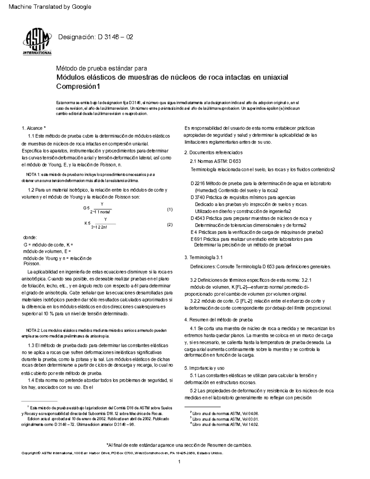 Método de Prueba ASTM D 3148 – 02: Módulos Elásticos de Rocas - Studocu