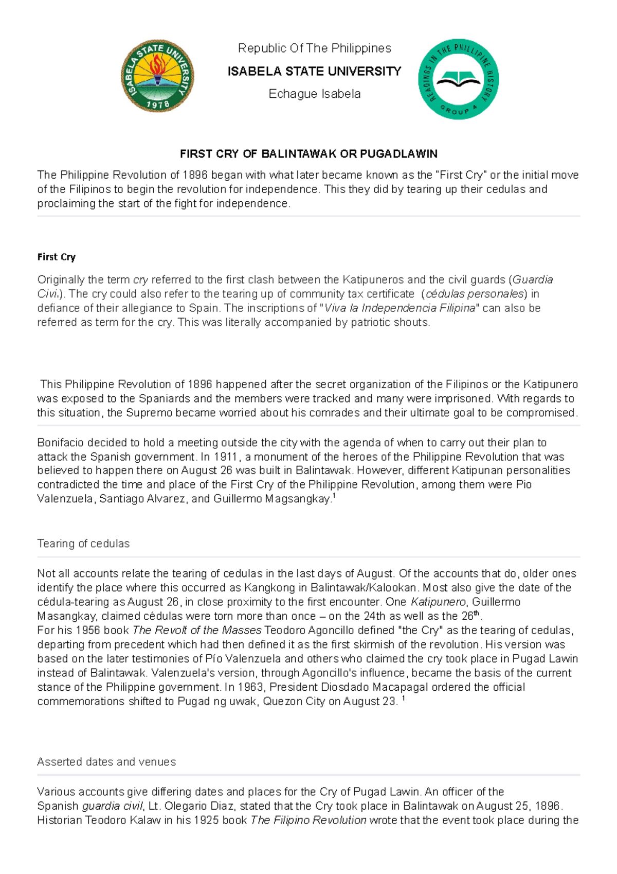 RPH Report Final: The First Cry of Pugad Lawin in 1896 Revolution - Studocu