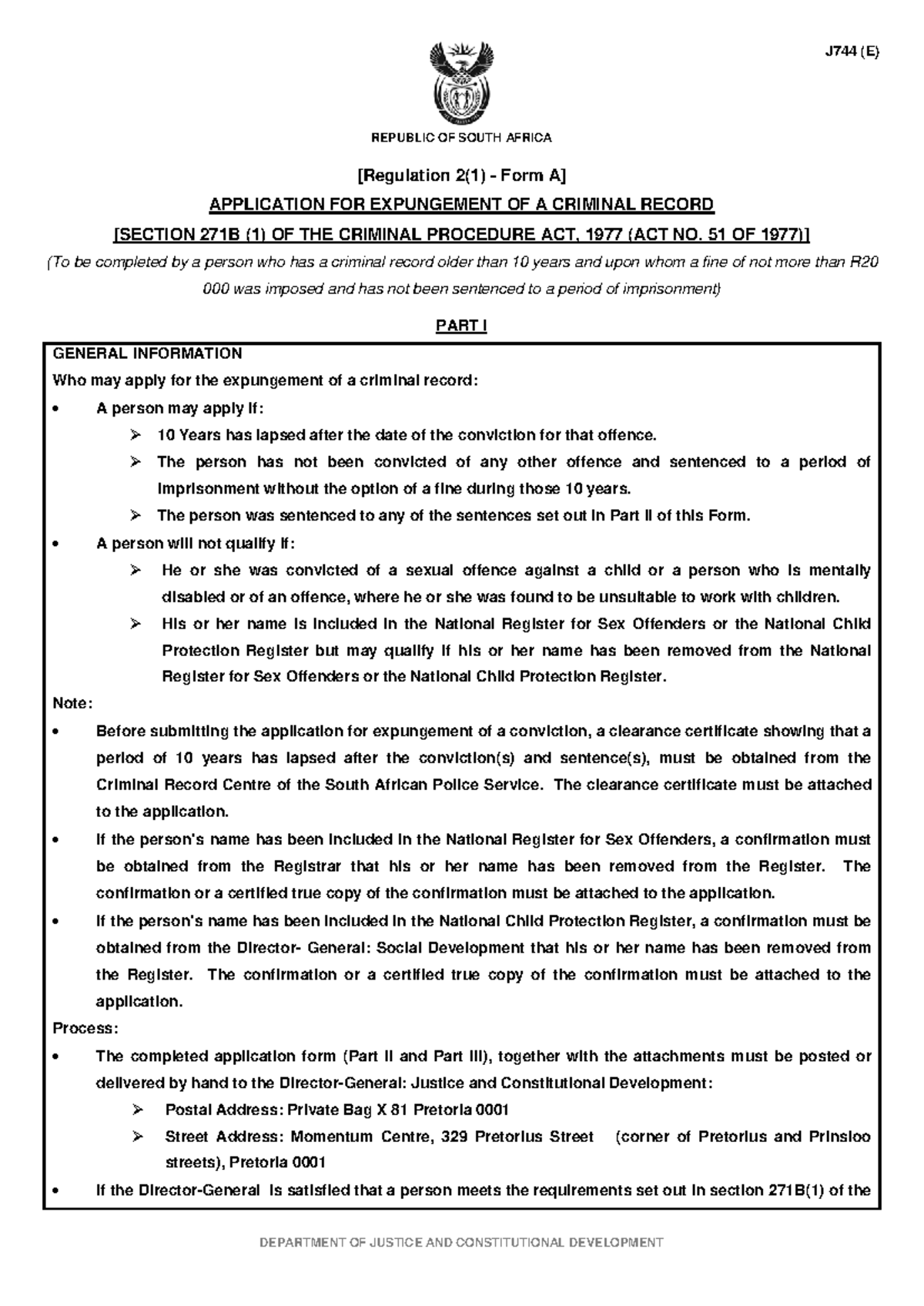 J744e Form A - Application for Criminal Record Expungement - Studocu