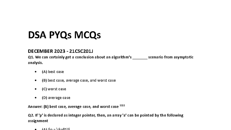 DSA PYQs MCQs DECEMBER 2023 21CSC201J Exam Preparation Guide - Studocu