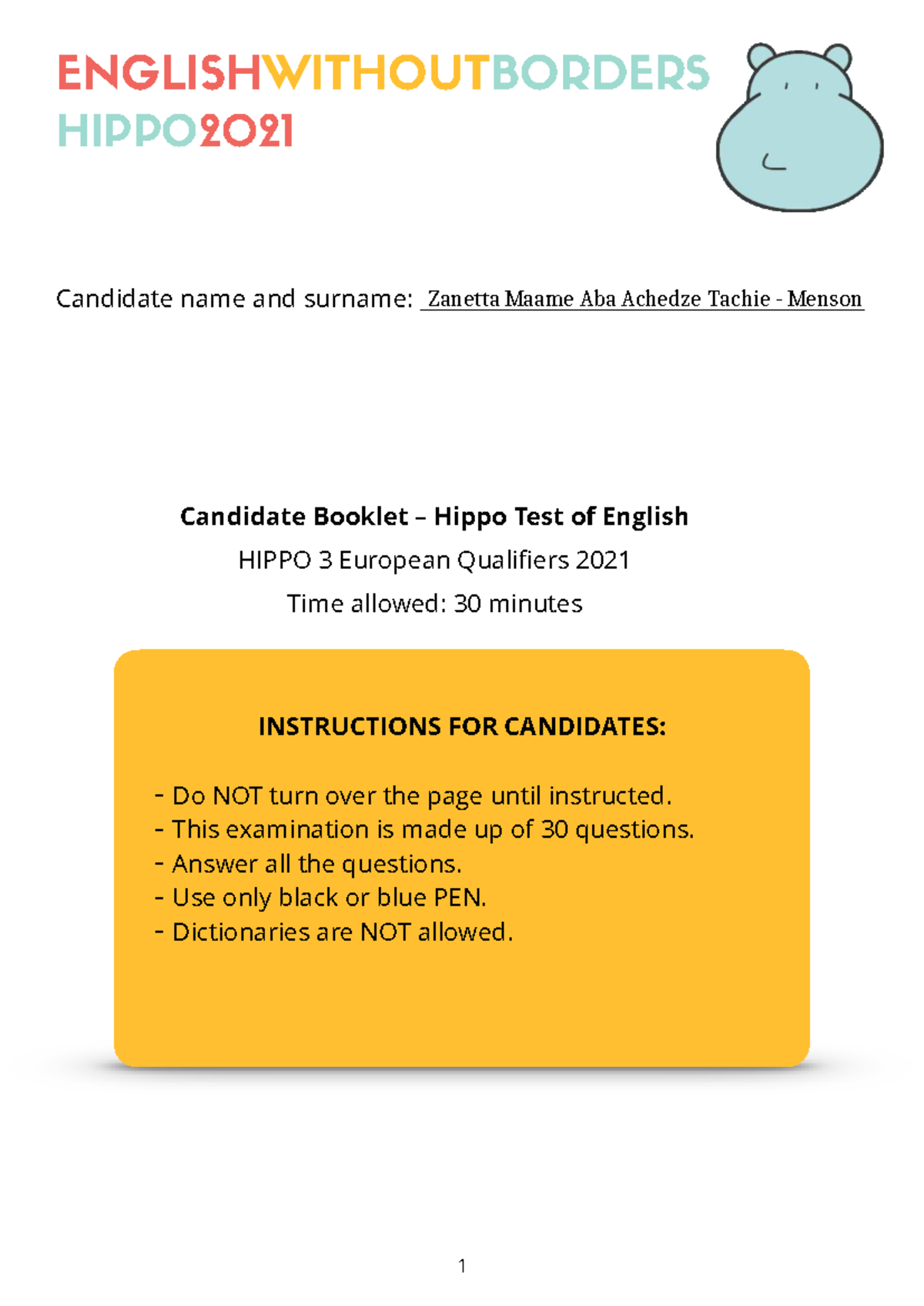 Hippo 3 EQ 2021 English Test Instructions and Questions - Studocu
