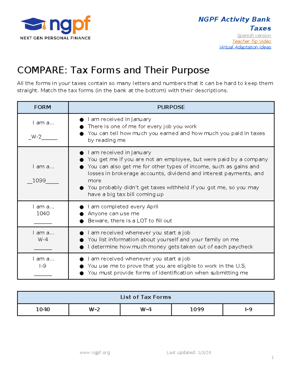 Compare Tax Forms and their Purpose 1 - NGPF Activity Bank Taxes ...