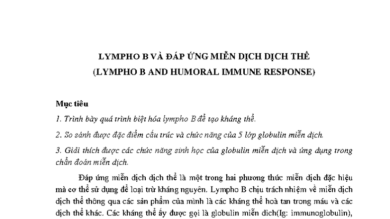 LYMPHO B VÀ ĐÁP ỨNG MIỄN DỊCH DỊCH THỂ (LYMPHO B AND HUMORAL IMMUNE ...