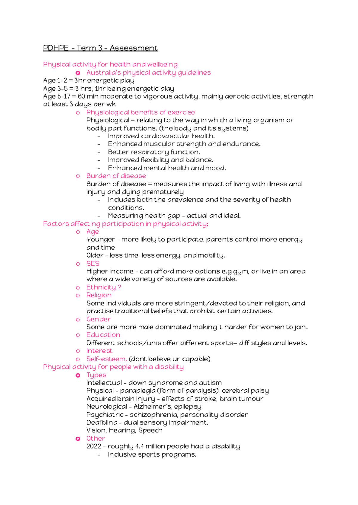 PDHPE - Term 3 Assessment Summary: Physical Activity & Health - Studocu