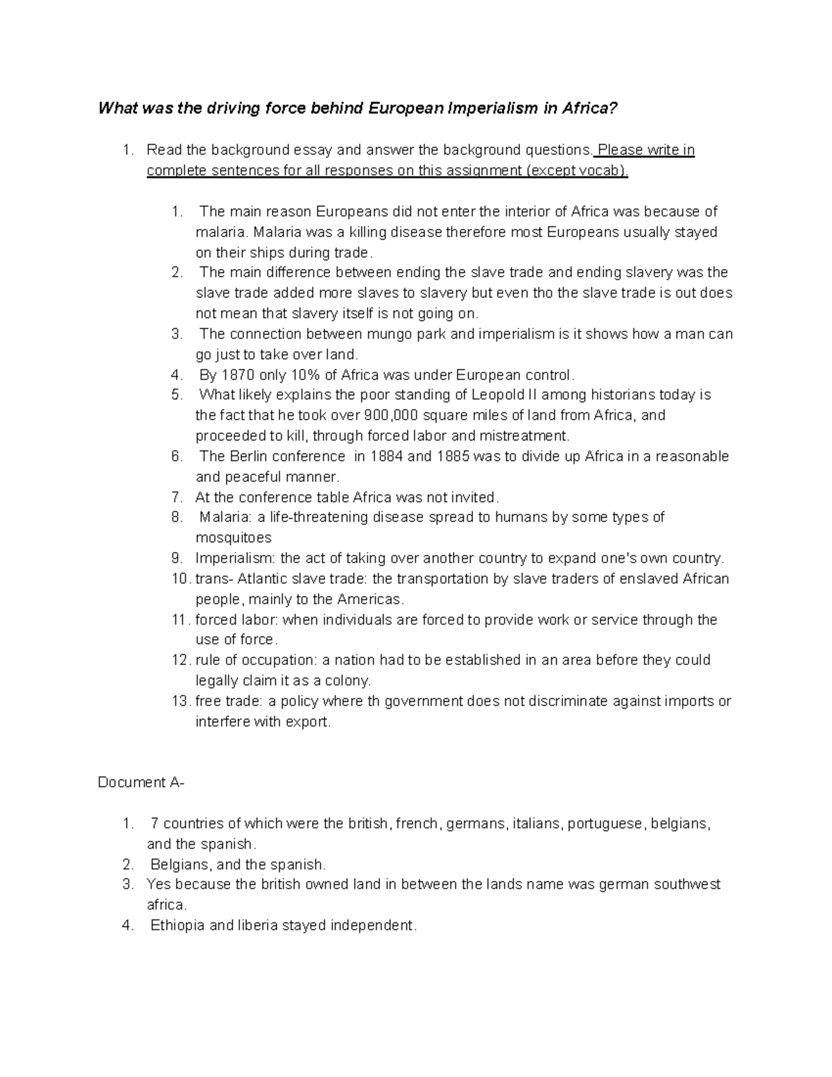 Africa and Imperialism Mini-Q: Understanding European Driven Forces ...