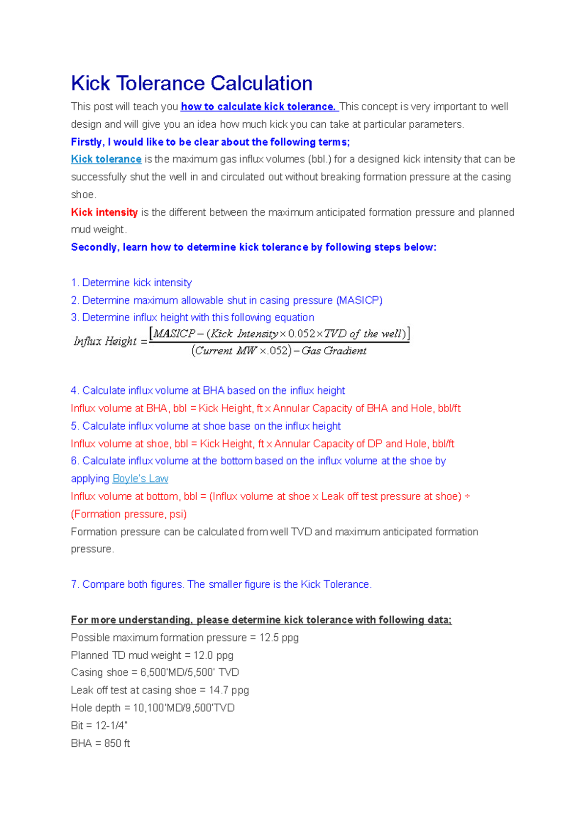 Kick Tolerance Calculation Example: Understanding Key Steps - Studocu