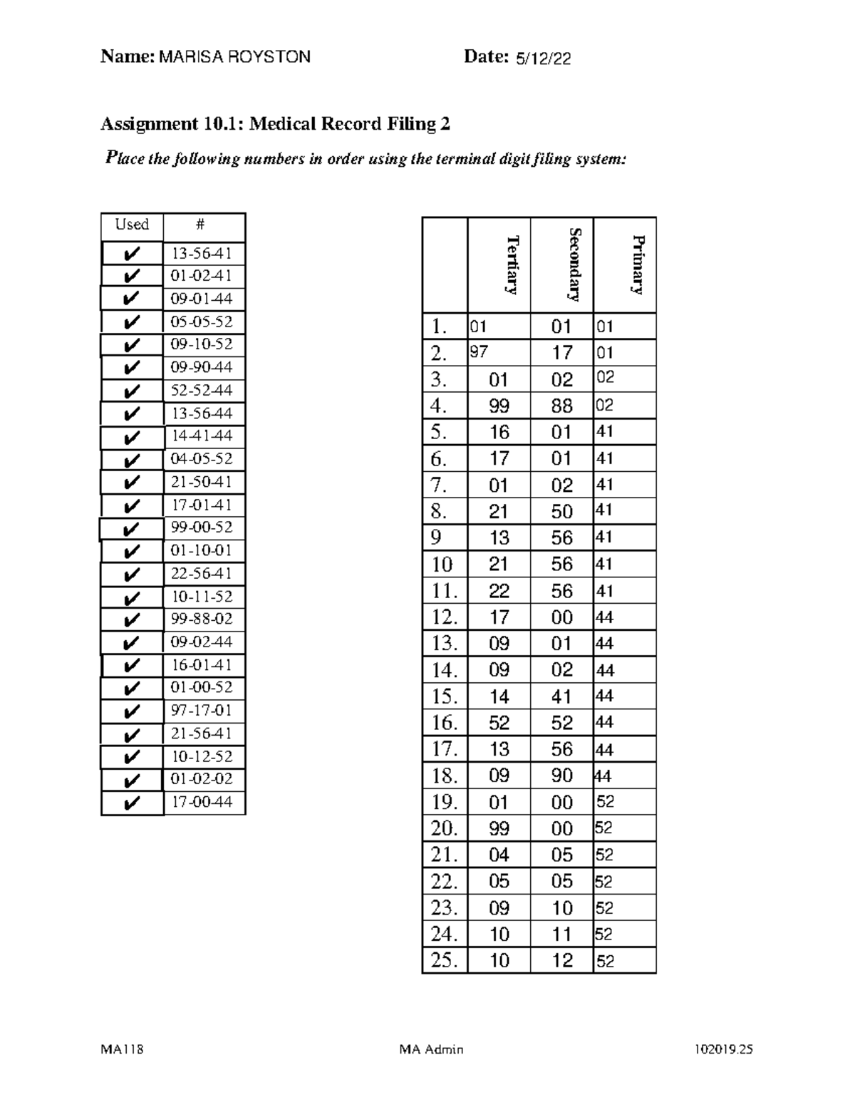 MA118 Assignment 10.1: Terminal Digit Filing System Exercise - Studocu