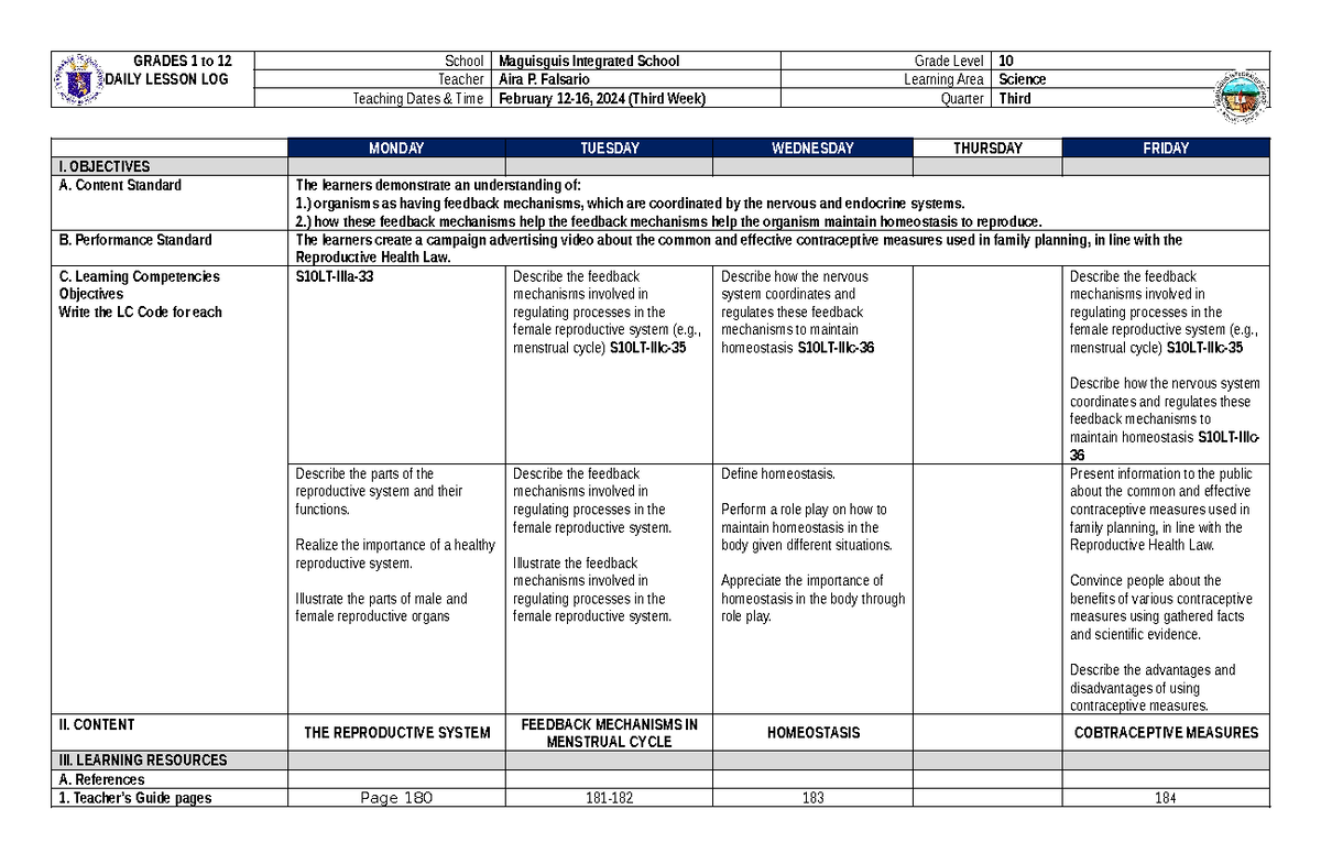 3RD WEEK 3 - LESSON PLAN - GRADES 1 to 12 DAILY LESSON LOG School ...