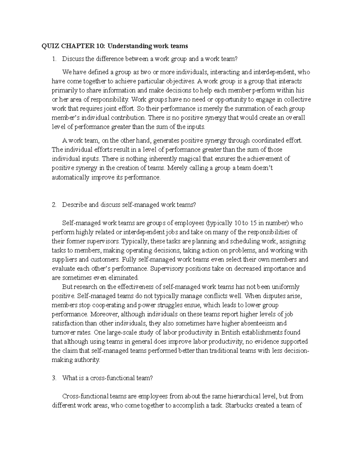 QUIZ CH 10: Understanding Work Groups, Teams, and Virtual Challenges ...