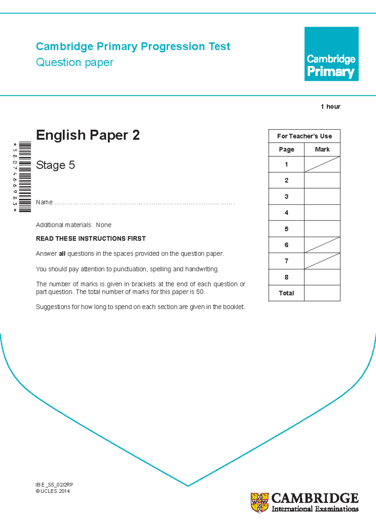 Cambridge Primary Progression Test: English Stage 5 Paper 2 - Studocu
