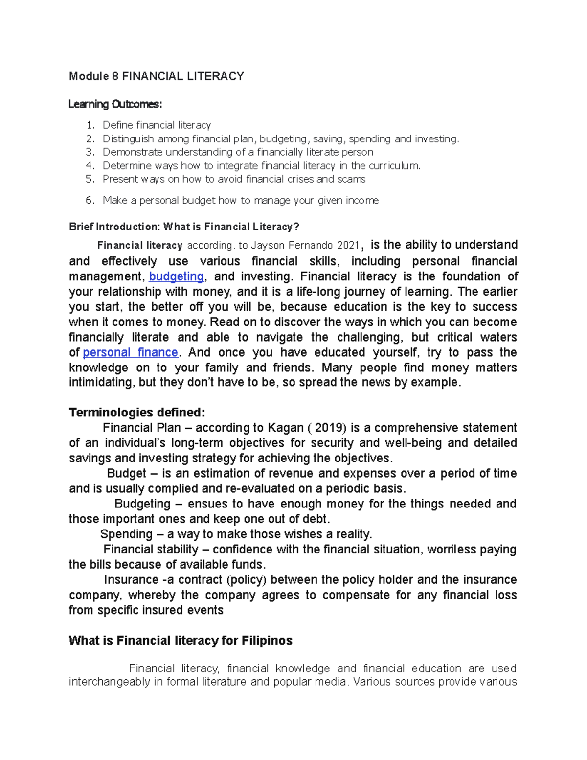Module 8: Financial Literacy - Key Concepts and Applications - Studocu